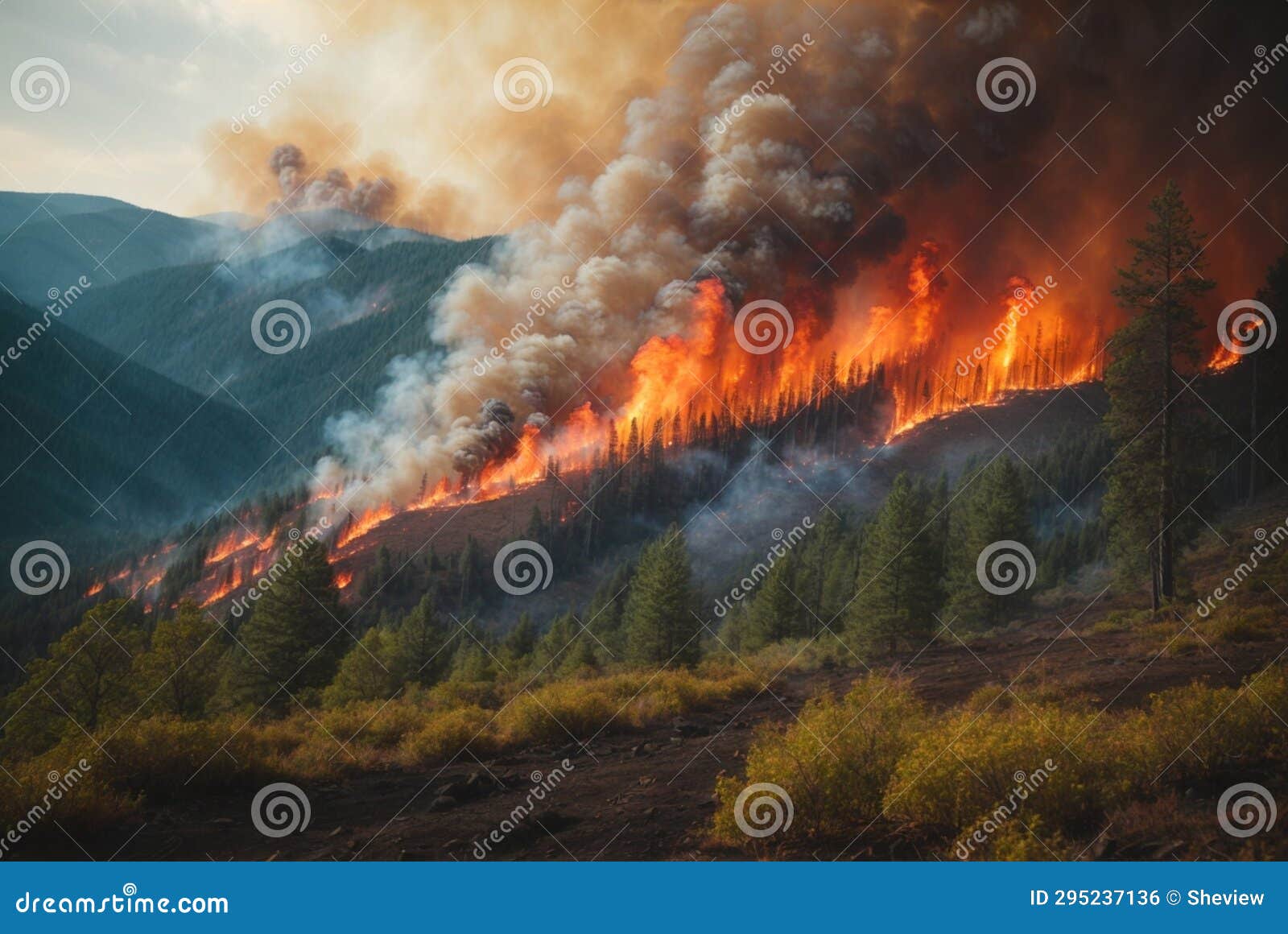 Forest Fire in the Mountains at Sunset. the Concept of Natural Disaster ...