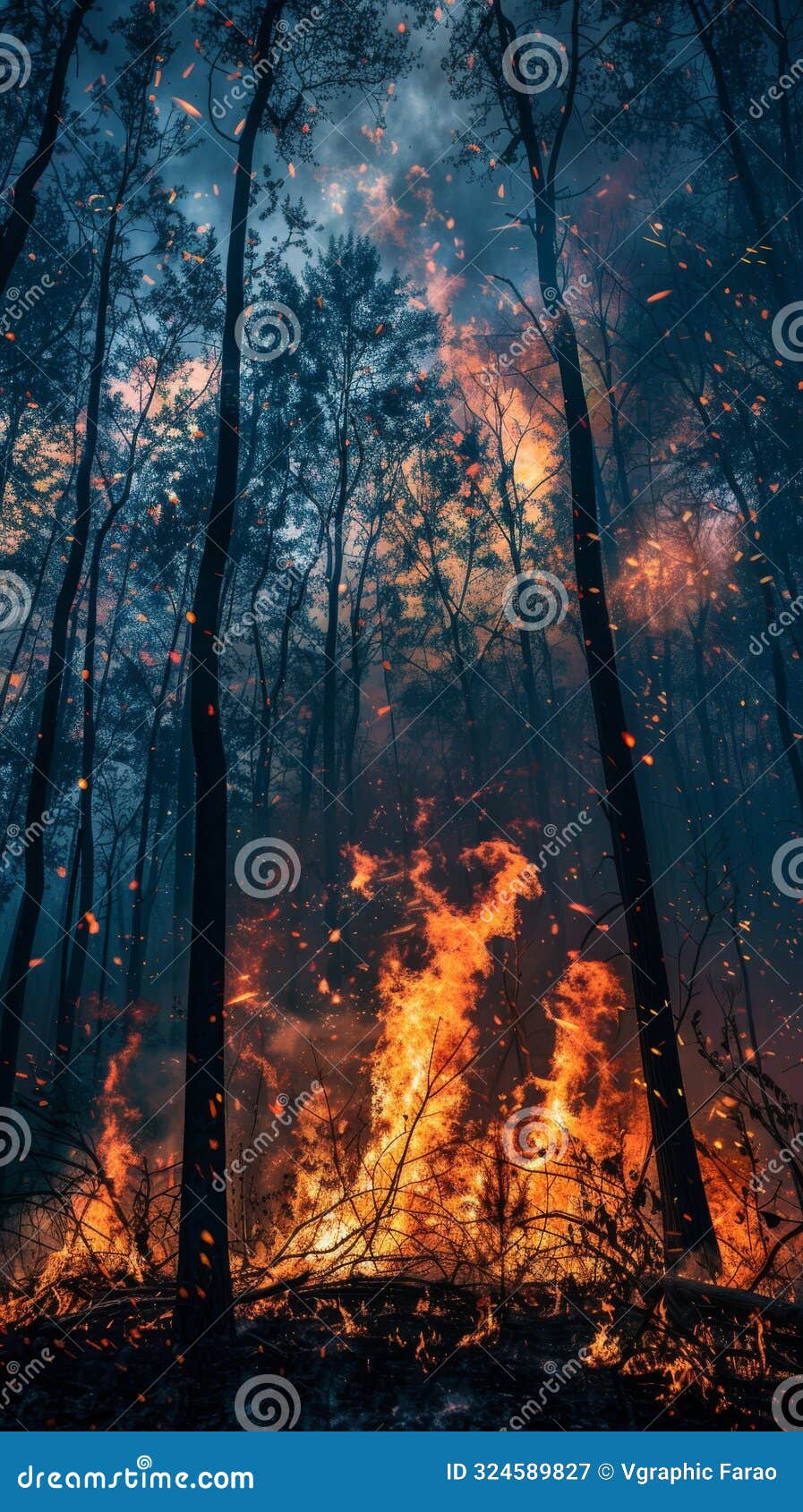 Forest Fire at Night with Blazing Flames, Environmental Disaster ...