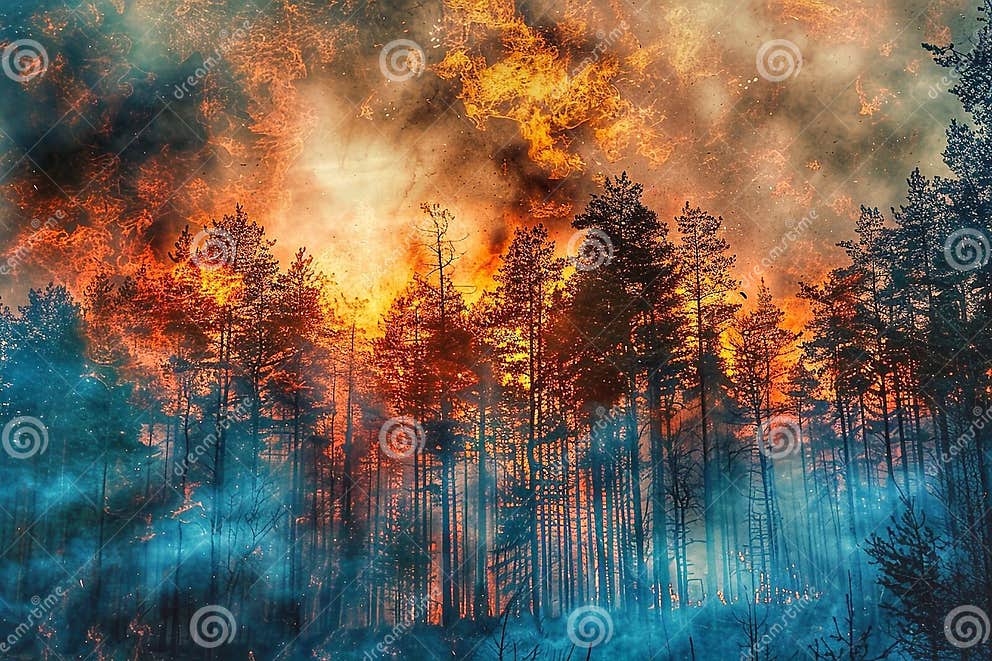 A Forest Fire in a Pine Forest. Stock Illustration - Illustration of ...
