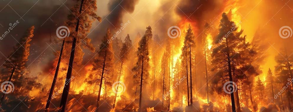 Forest Fire in Progress.Wildfire Burns of Pine Trees Stock Illustration ...