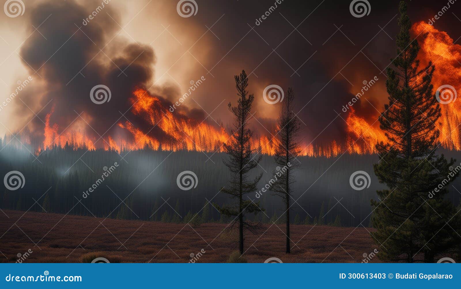 Fire Rages Through A Forest, With Tall Flames And Thick Smoke Rising ...