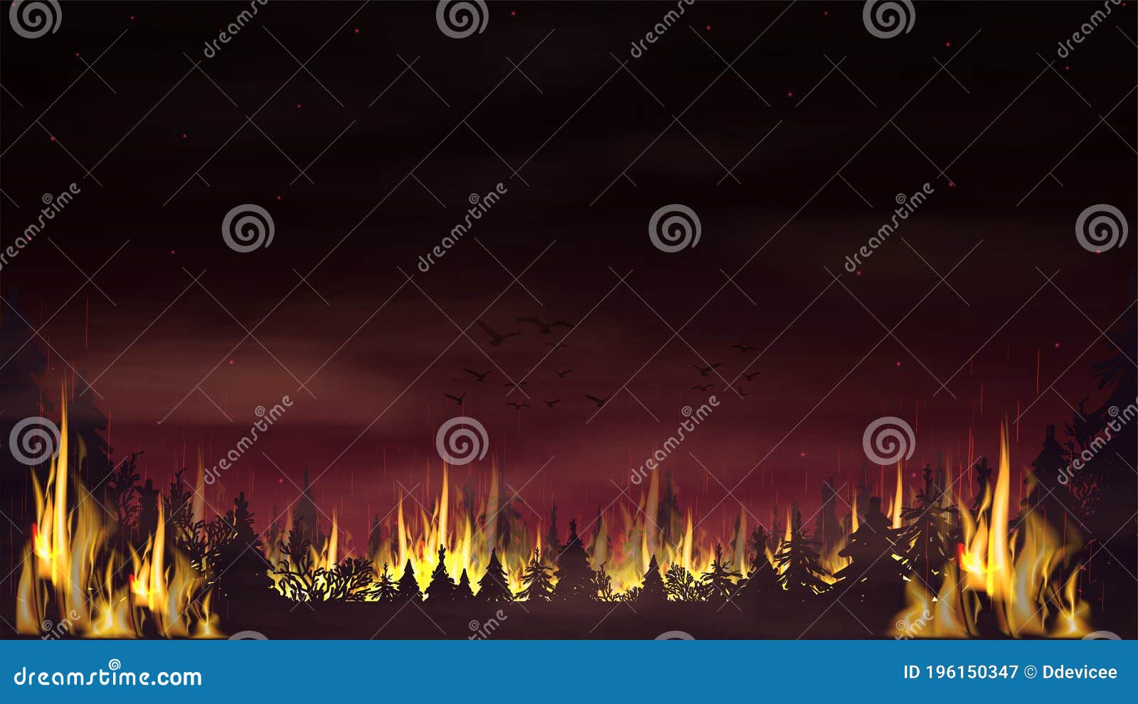 A Forest Fire with a Red Smoky Sky. Vector Landscape with Burning ...