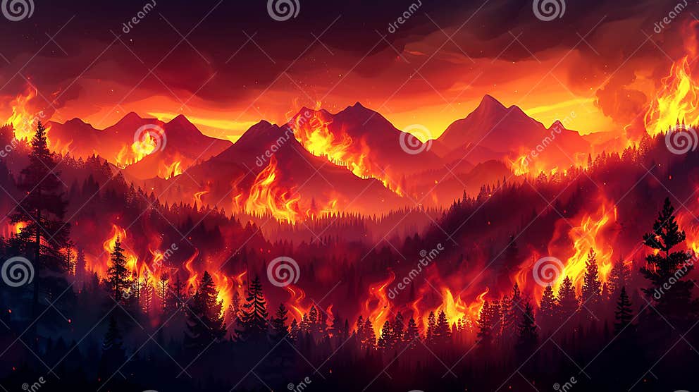 Forest Fire Scene in the Mountains Stock Image - Image of complex ...