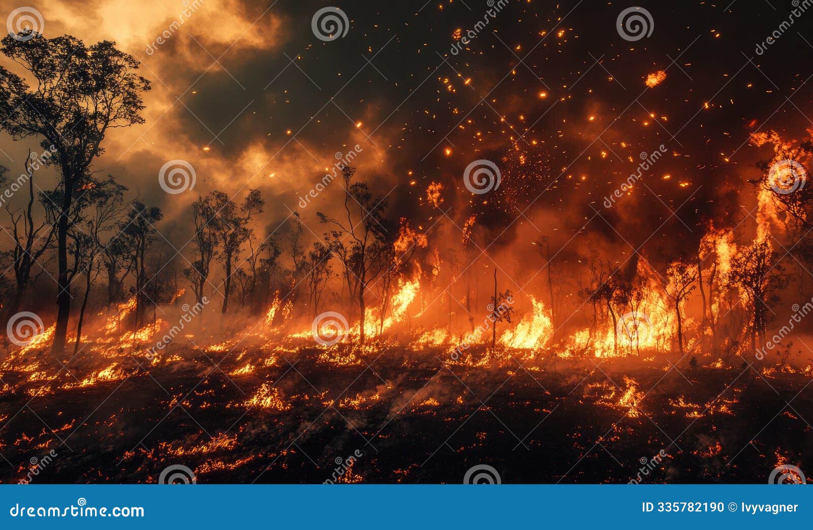 A Forest Fire Sweeping through a Dense Forest, the Underbrush Ablaze ...