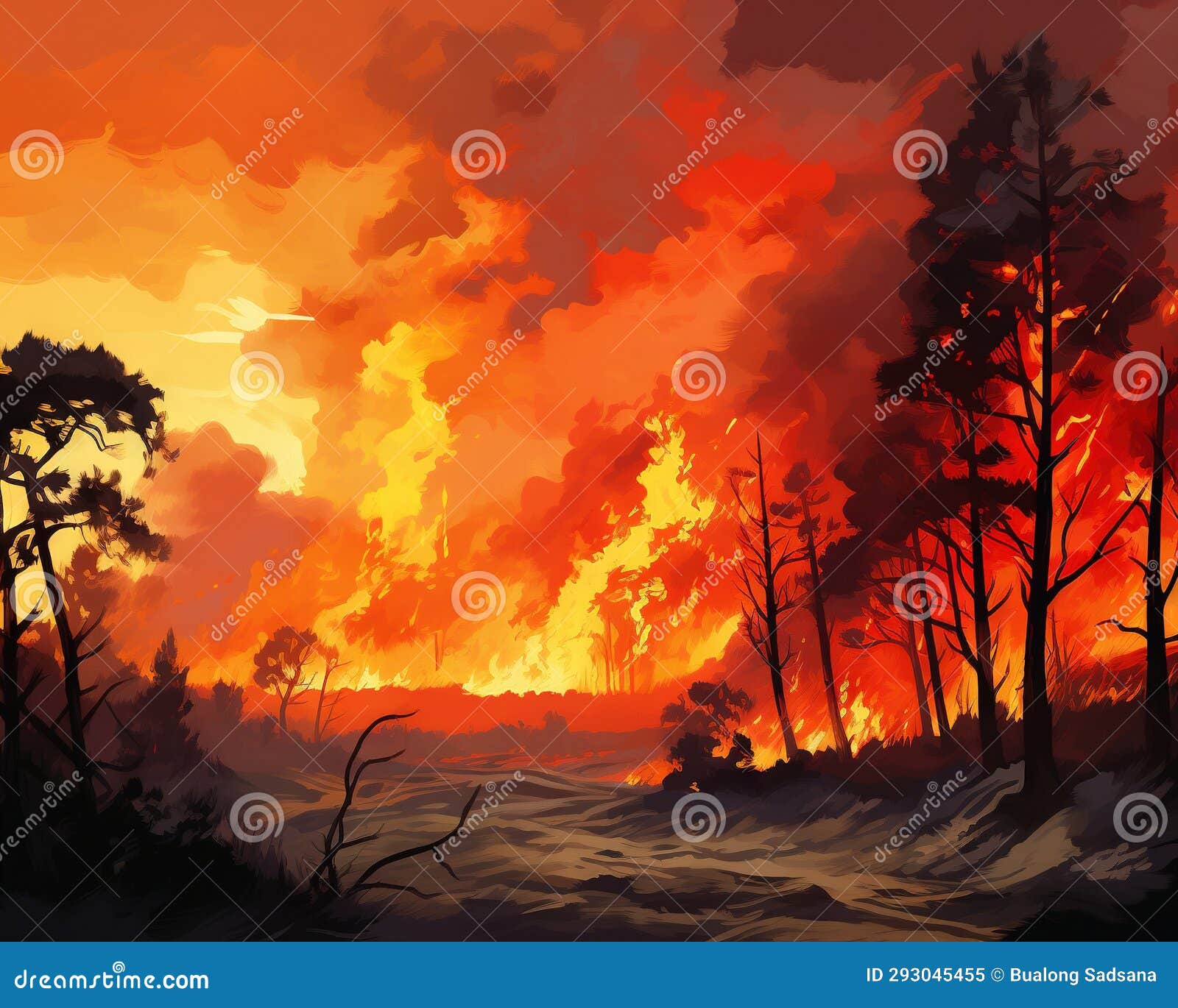 Forest Fire with Trees on Fire. Stock Illustration - Illustration of ...
