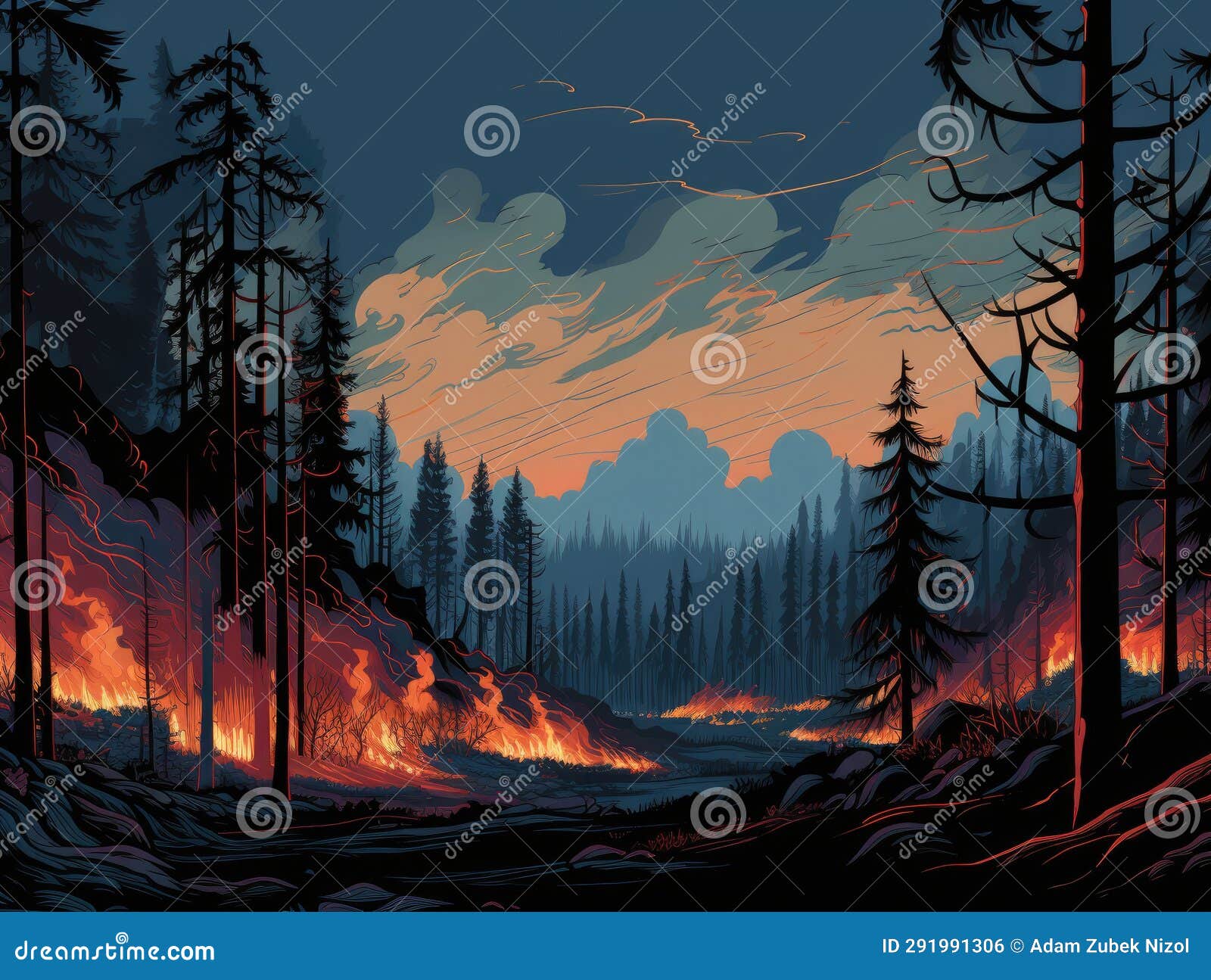 A Forest Fire with Trees and Smoke Stock Illustration - Illustration of spruce, flames: 291991306