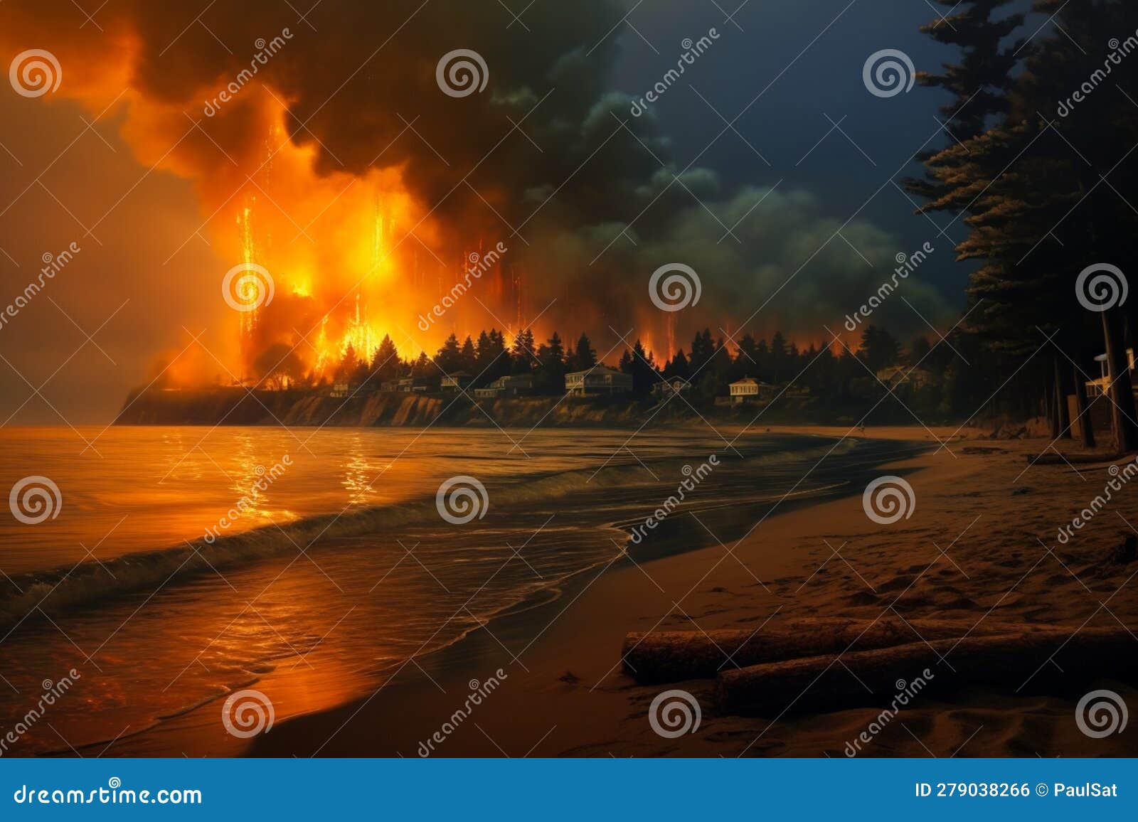 Forest Fire, View from the Beach. a Holiday Resort on Fire Stock ...