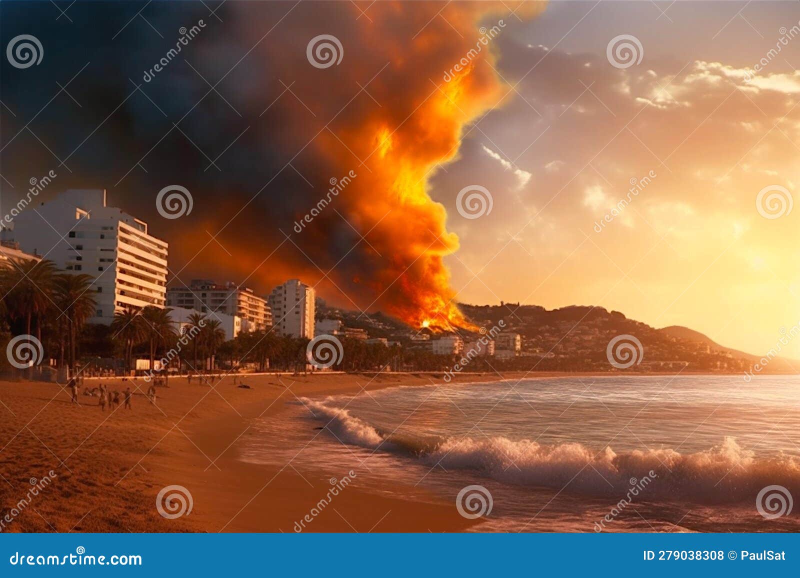 Forest Fire, View from the Beach. a Holiday Resort on Fire Stock ...