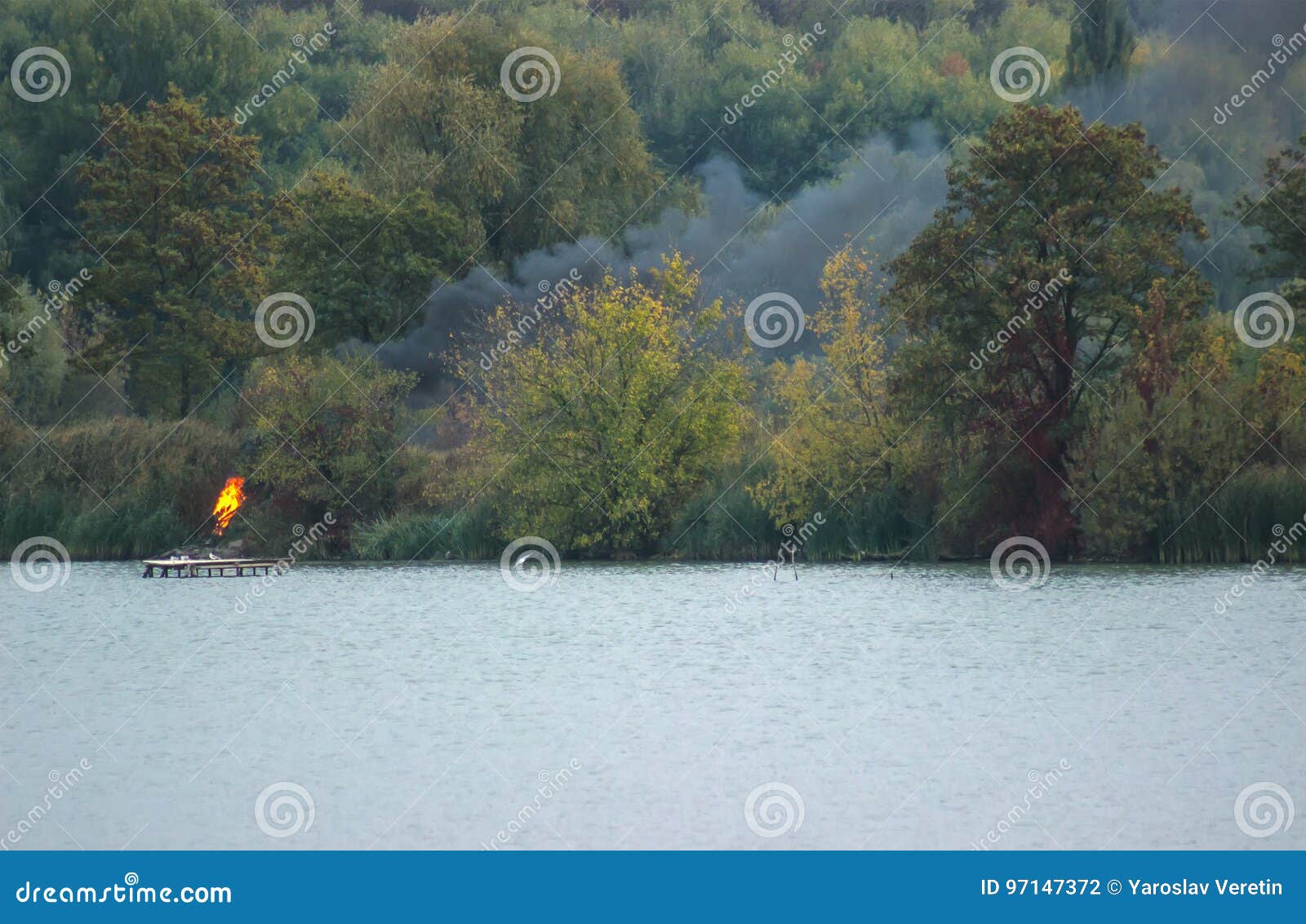 Forest Fire, Wildfire. Night in the Forest with Reflection at River ...