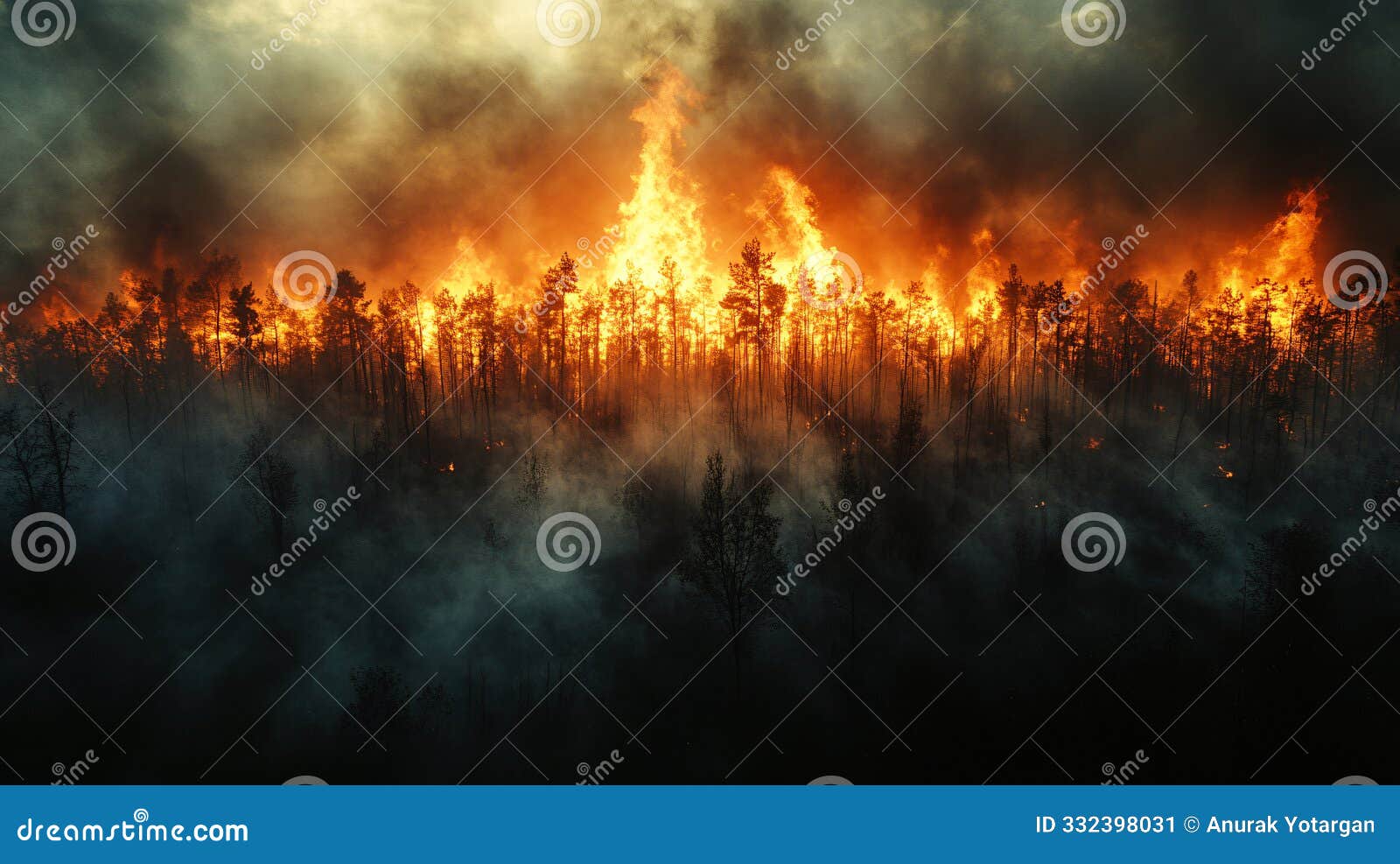 Forest Fire Wildfire at Night Time on the Mountain with Big Smoke Stock ...