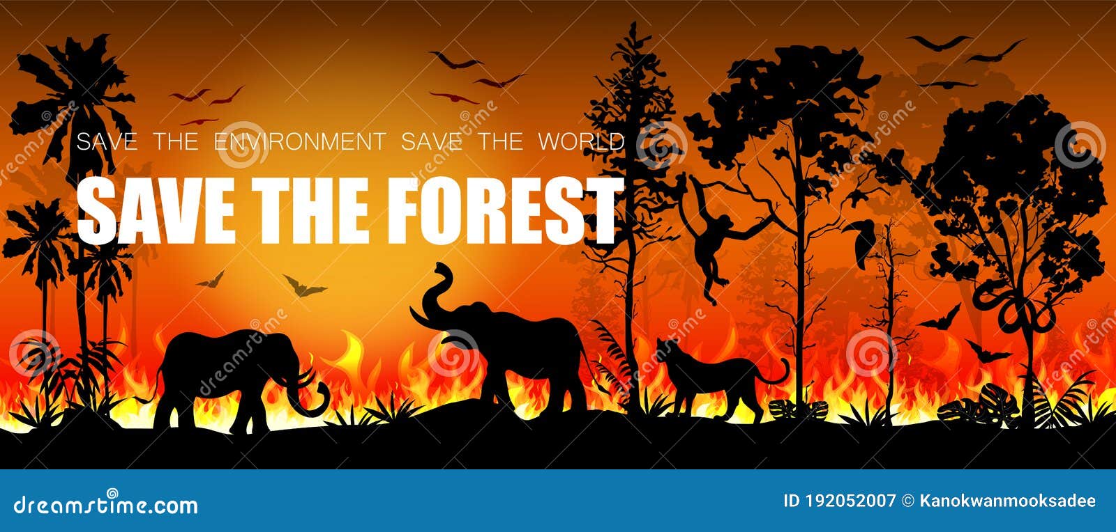 Forest Fires in Amazon and Australia with Silhouettes of Wild Animals ...