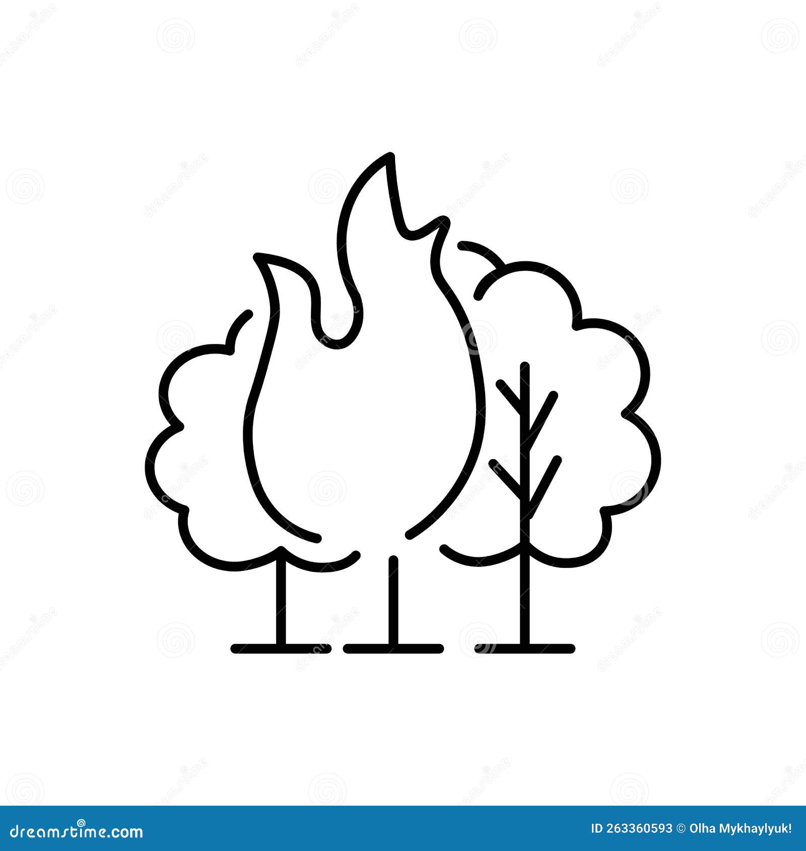 Forest Fires Linear Icon. Uncontrolled Fire in Huge Area Covered with ...