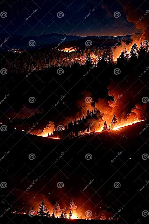 Forest Fires in the Night. AI Generated Stock Illustration ...