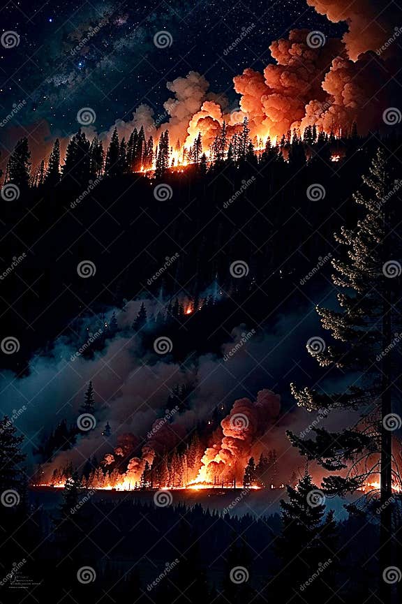 Forest Fires in the Night. AI Generated Stock Illustration ...