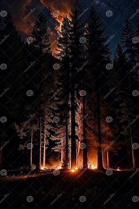 Forest Fires in the Night. AI Generated Stock Illustration ...