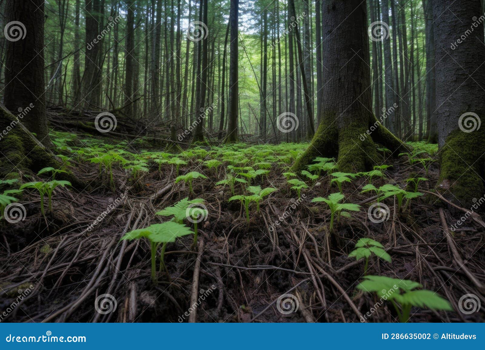Forest Floor with New Saplings Growing among Tall Trees Stock Photo ...