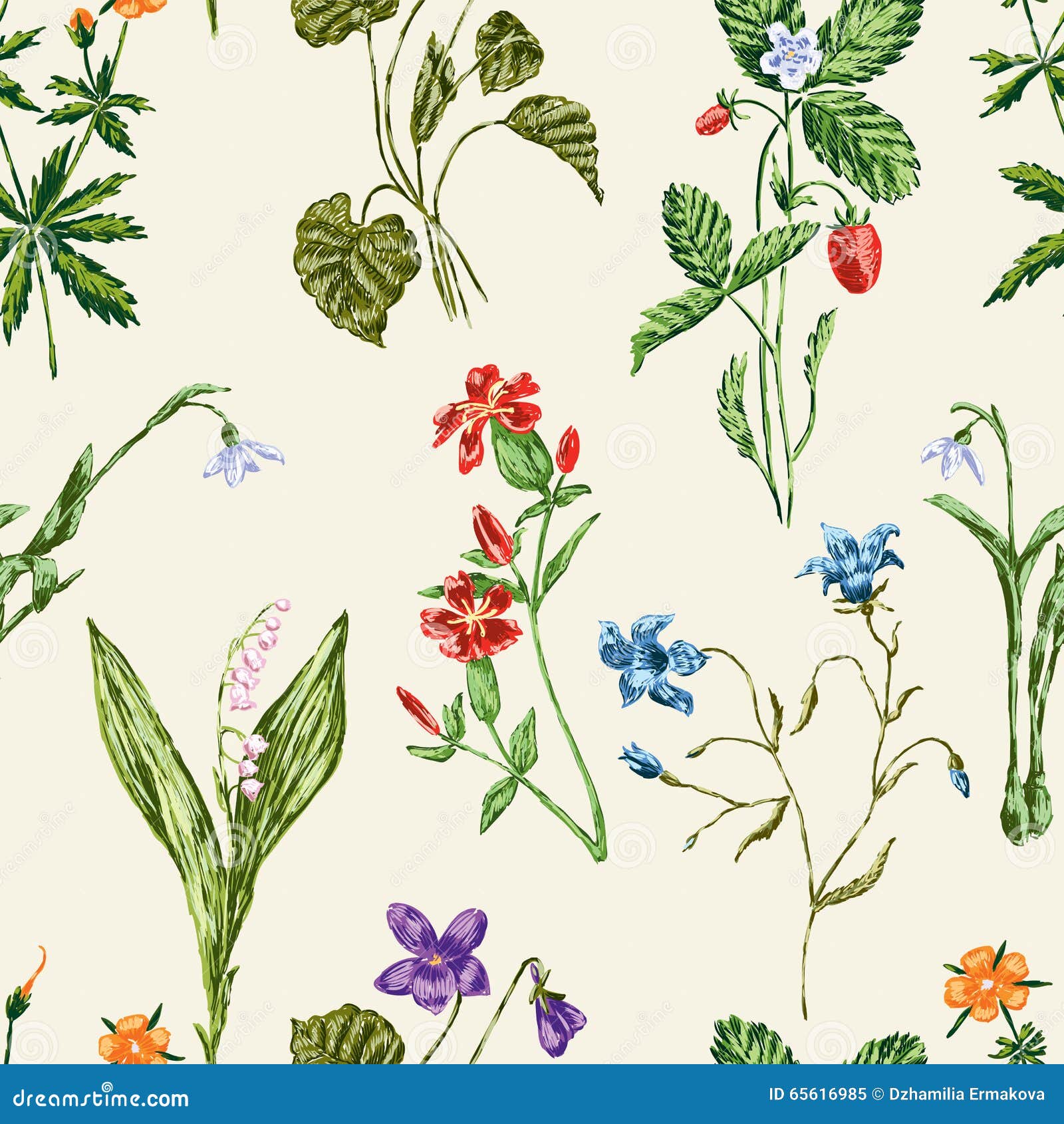 Forest flowers pattern stock vector. Illustration of drawn - 65616985
