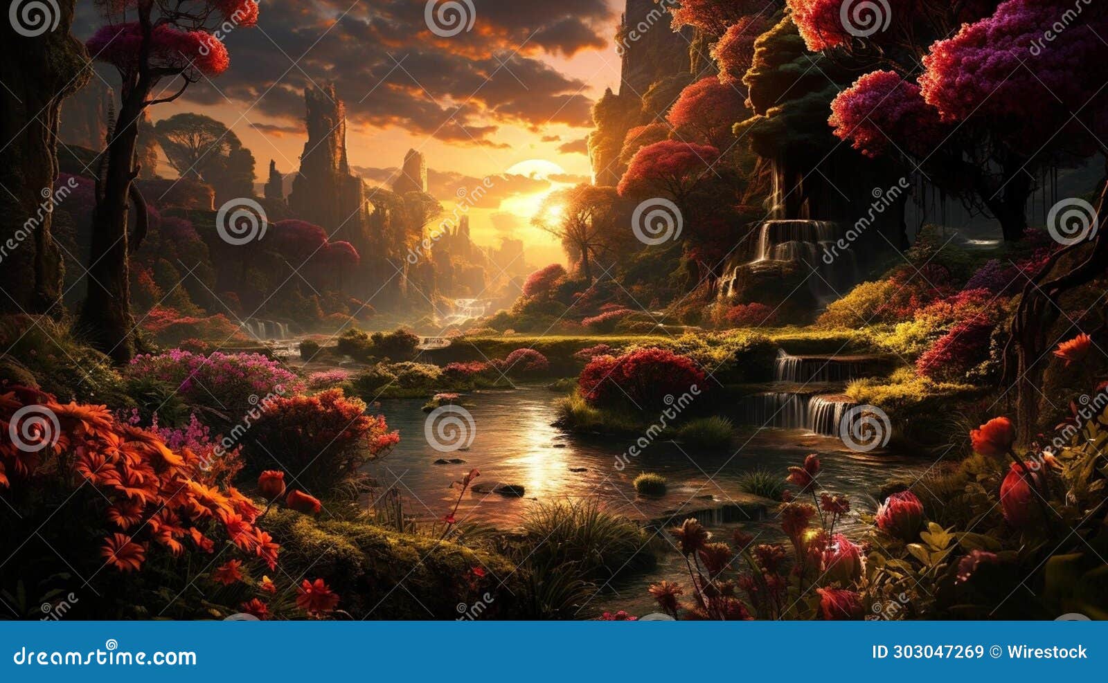 A Forest with Flowers and a Waterfall at Sunset in the Background Stock ...