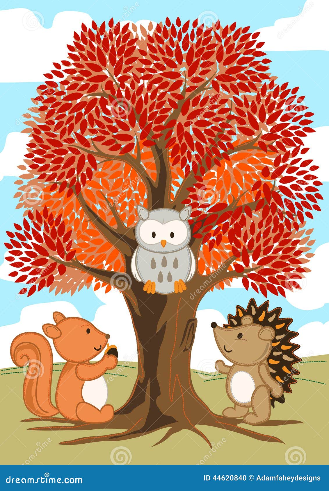 Forest Friends Under a Tree in Fall Stock Vector - Illustration of ...