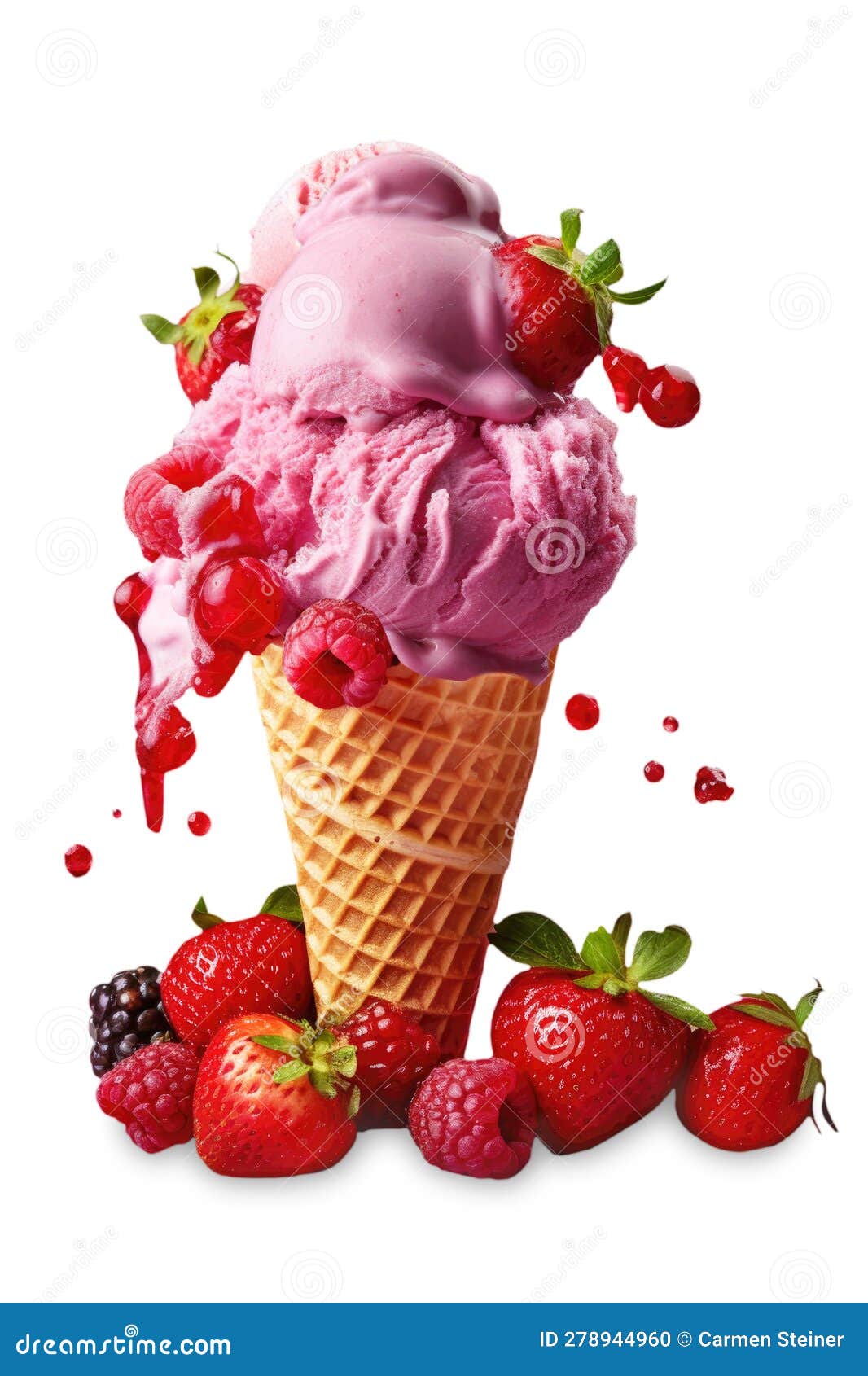 Forest Fruit Ice Cream In An Ice Cream Cone With Fresh Fruit And Fruit Sauce Isolated