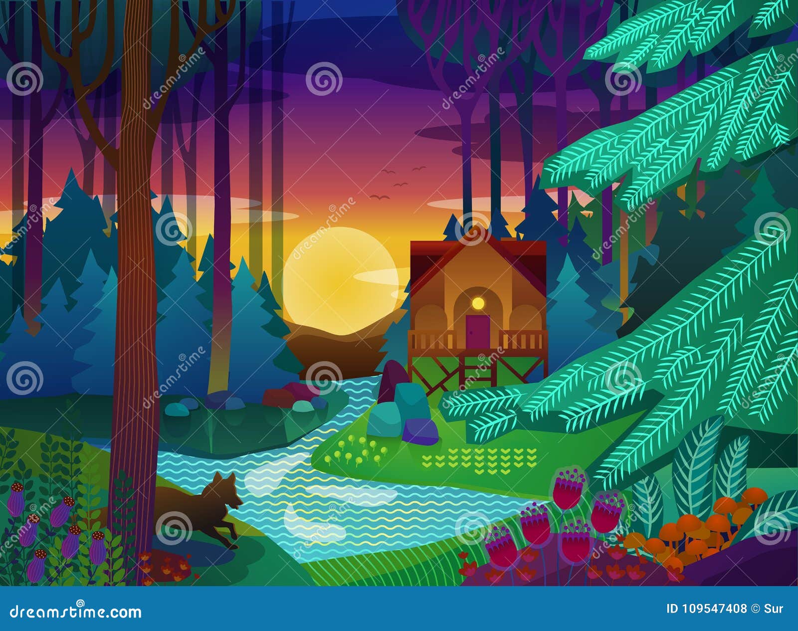 Forest Glade with House in the Evening Stock Vector - Illustration of ...