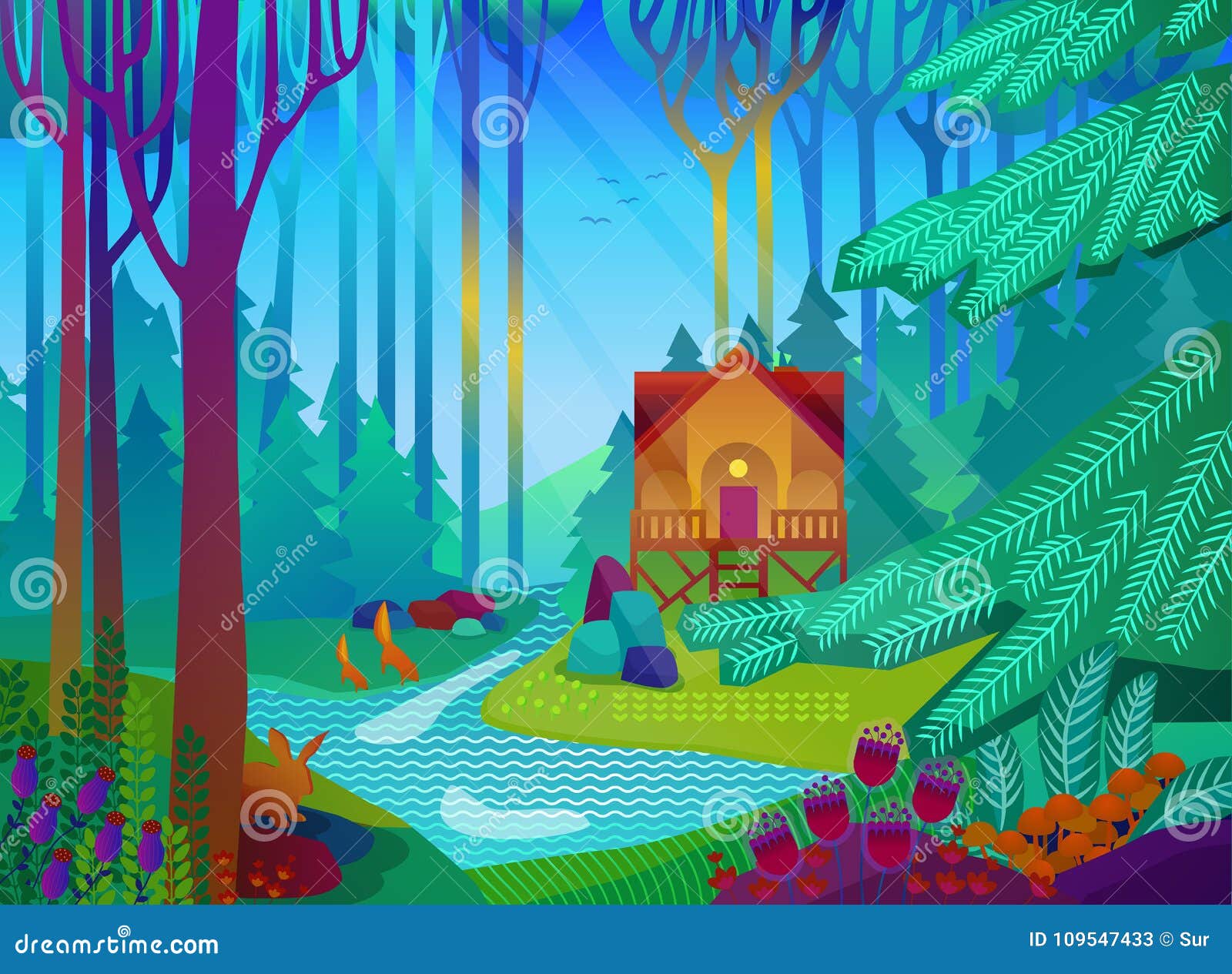 Forest Glade with House in the Morning Stock Vector - Illustration of ...