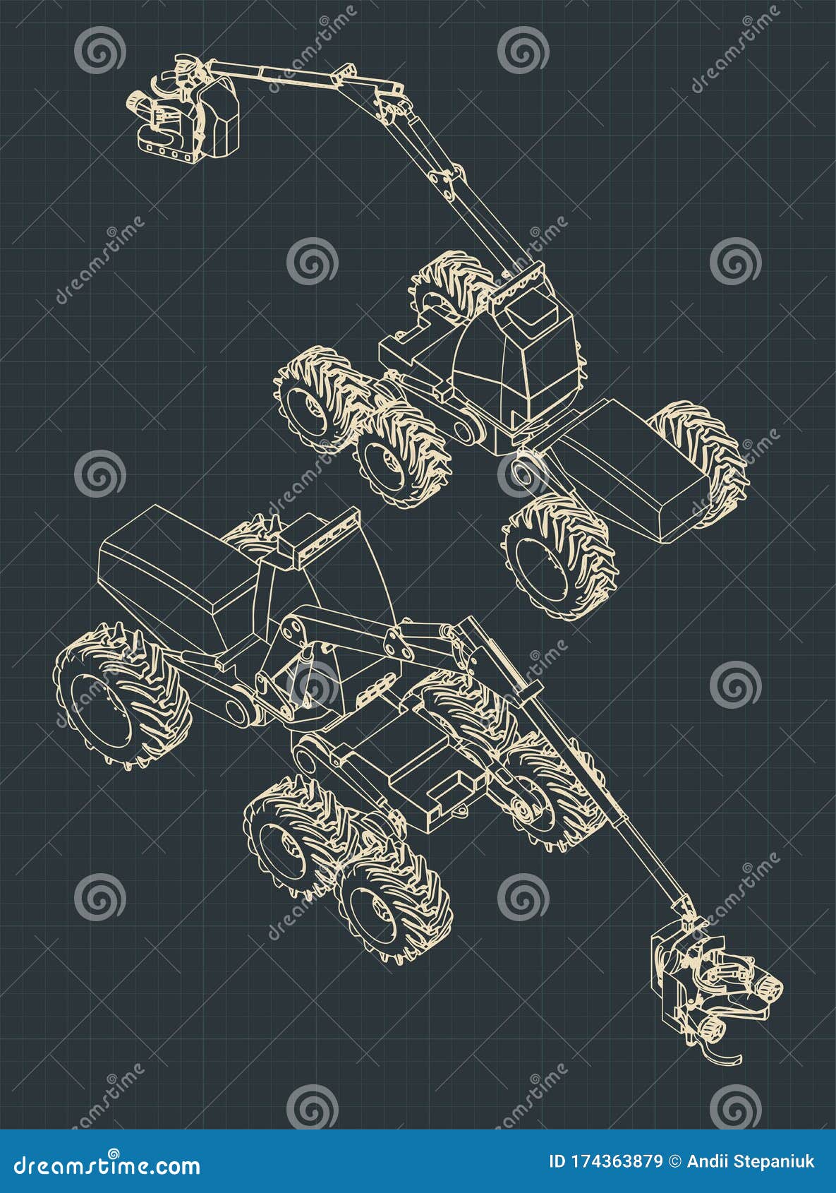 Forest Harvester Machine Isometric Drawings Stock Vector - Illustration ...