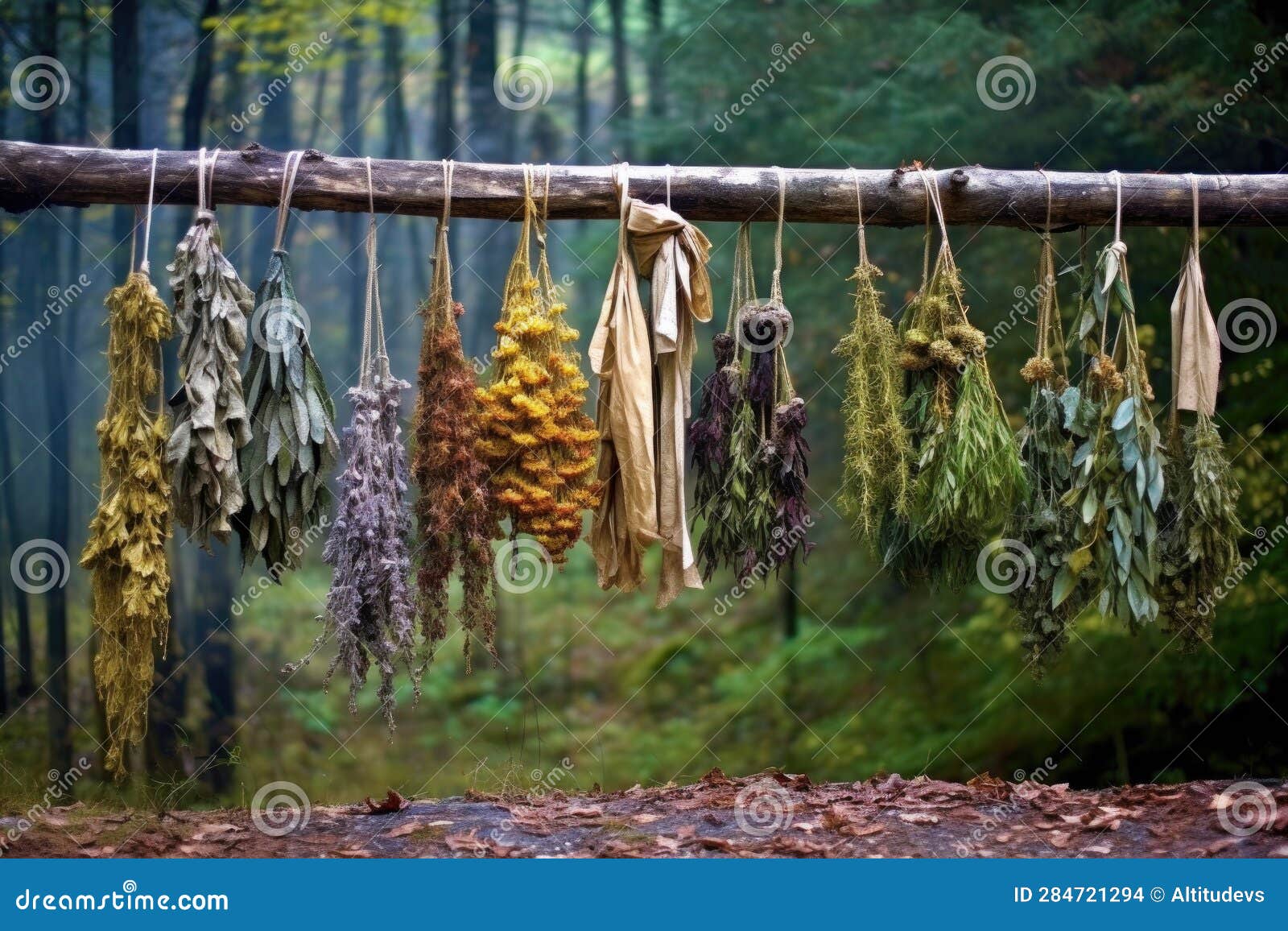 Forest Herbs Drying on a String between Tree Branches Stock ...