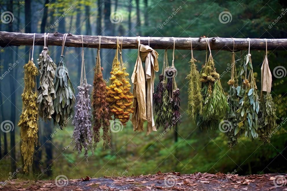 Forest Herbs Drying on a String between Tree Branches Stock Photo ...