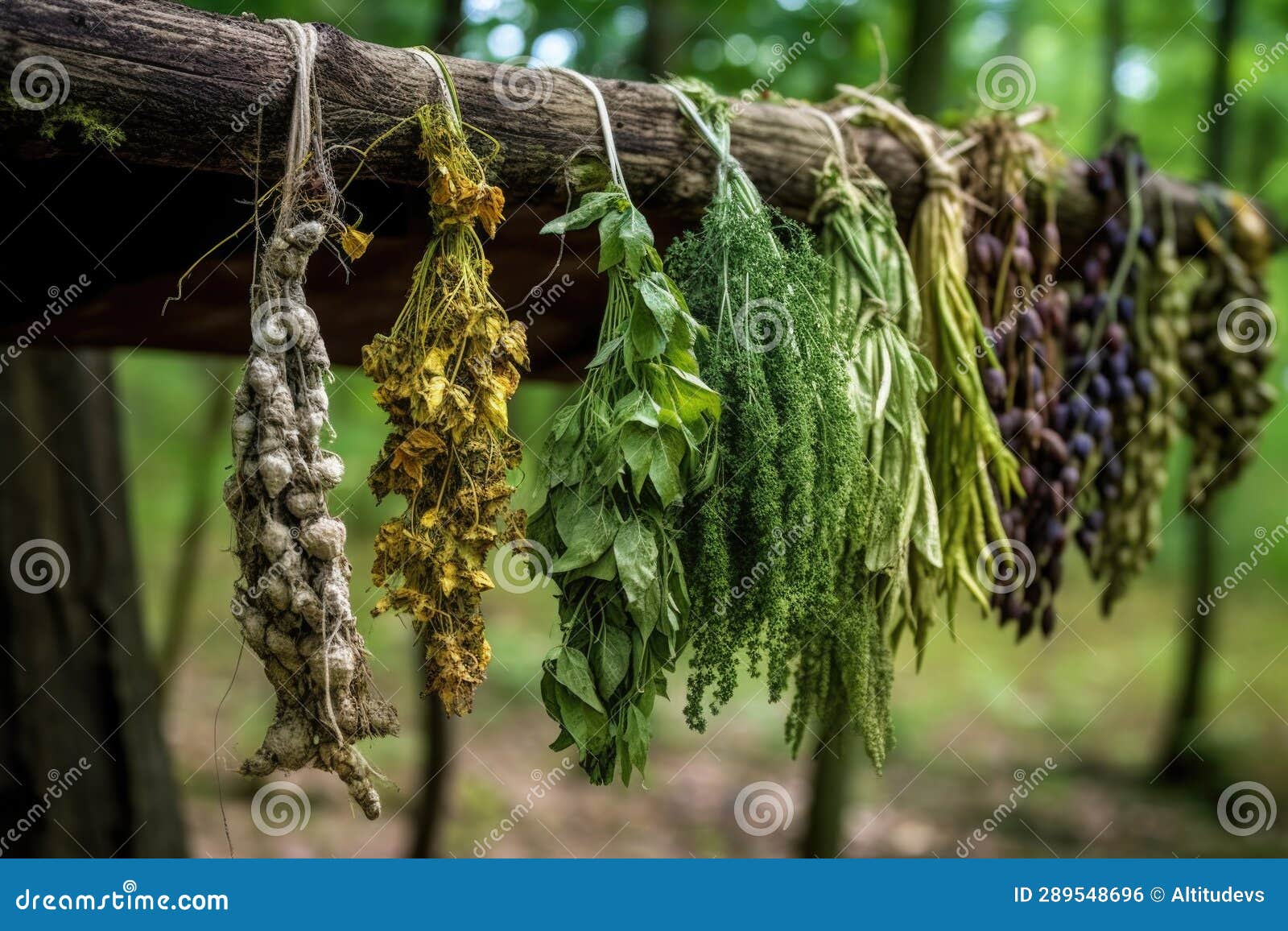 Forest Herbs Drying on a String between Tree Branches Stock ...