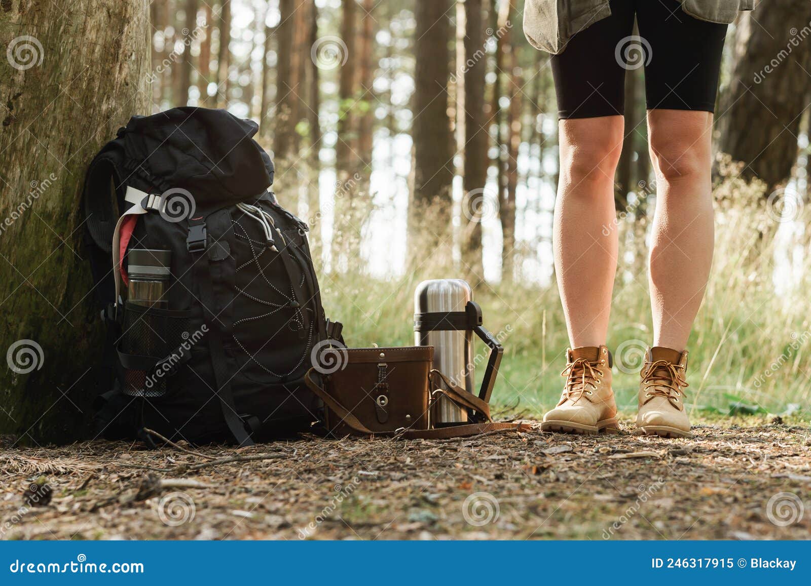 Female Legs and Hiker& X27;s Backpack on the Ground Stock Image - Image ...