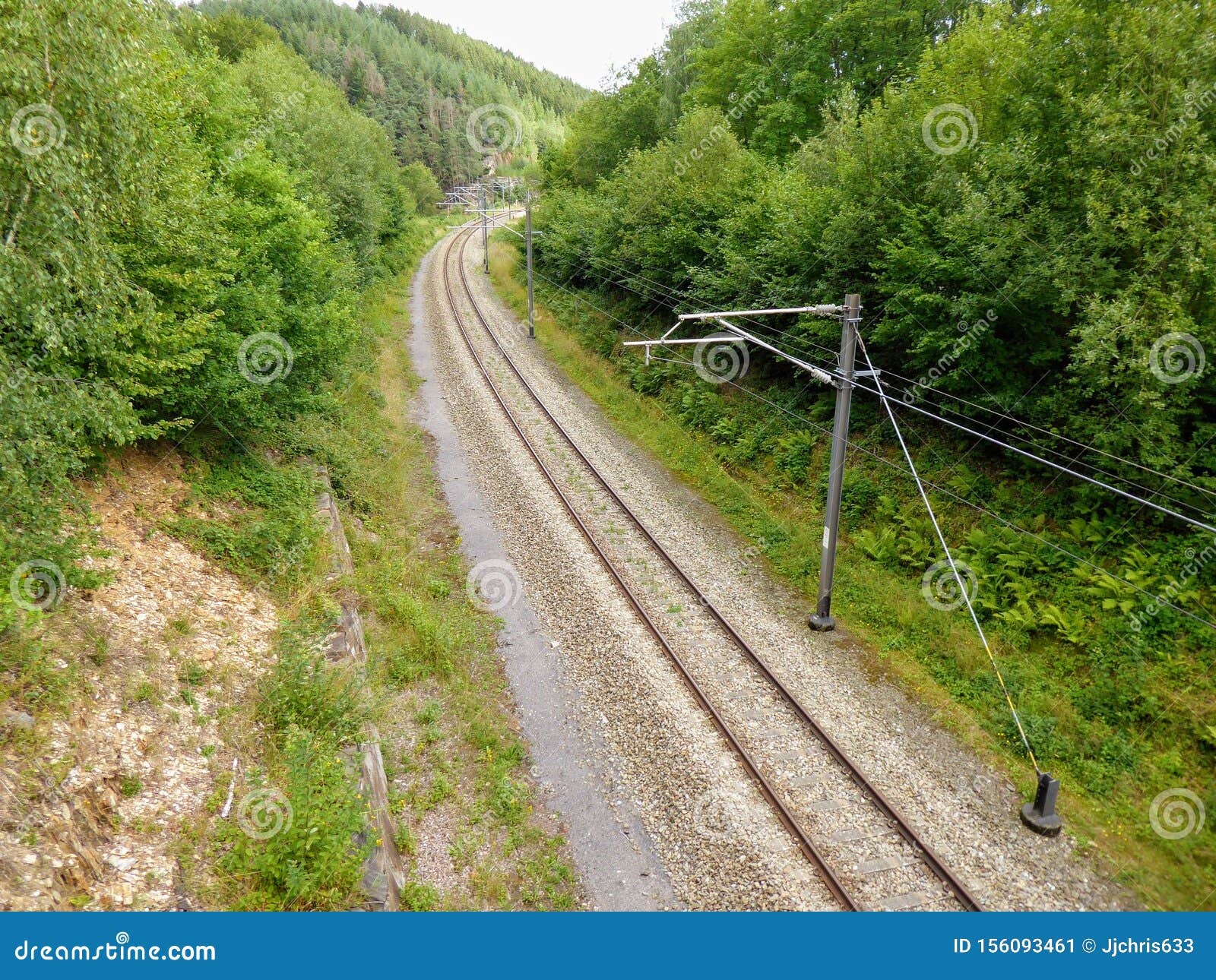 Forest Hill with Train Track and Wiring Infrastructure. Landscape View ...