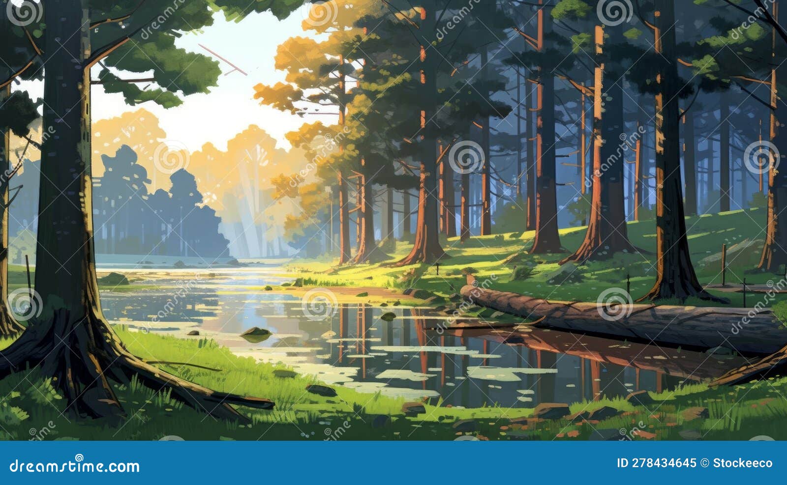 Professional Cartoon Style Forest with Large Canopy Tree and Beautiful ...