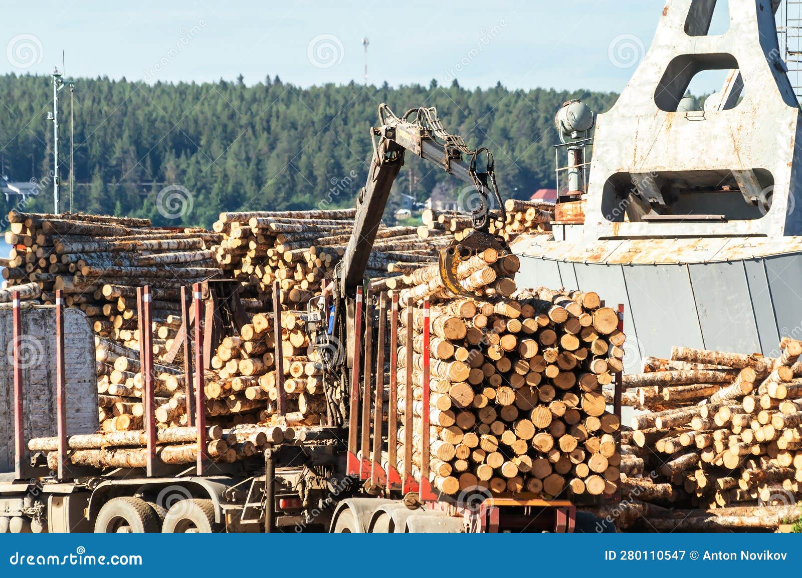 Forest Industry. Operations for Loading-unloading Logging Truck Stock ...
