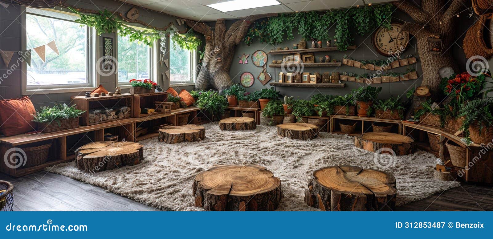 Forest-inspired Classroom with Tree Decals and Natural Materials Stock ...