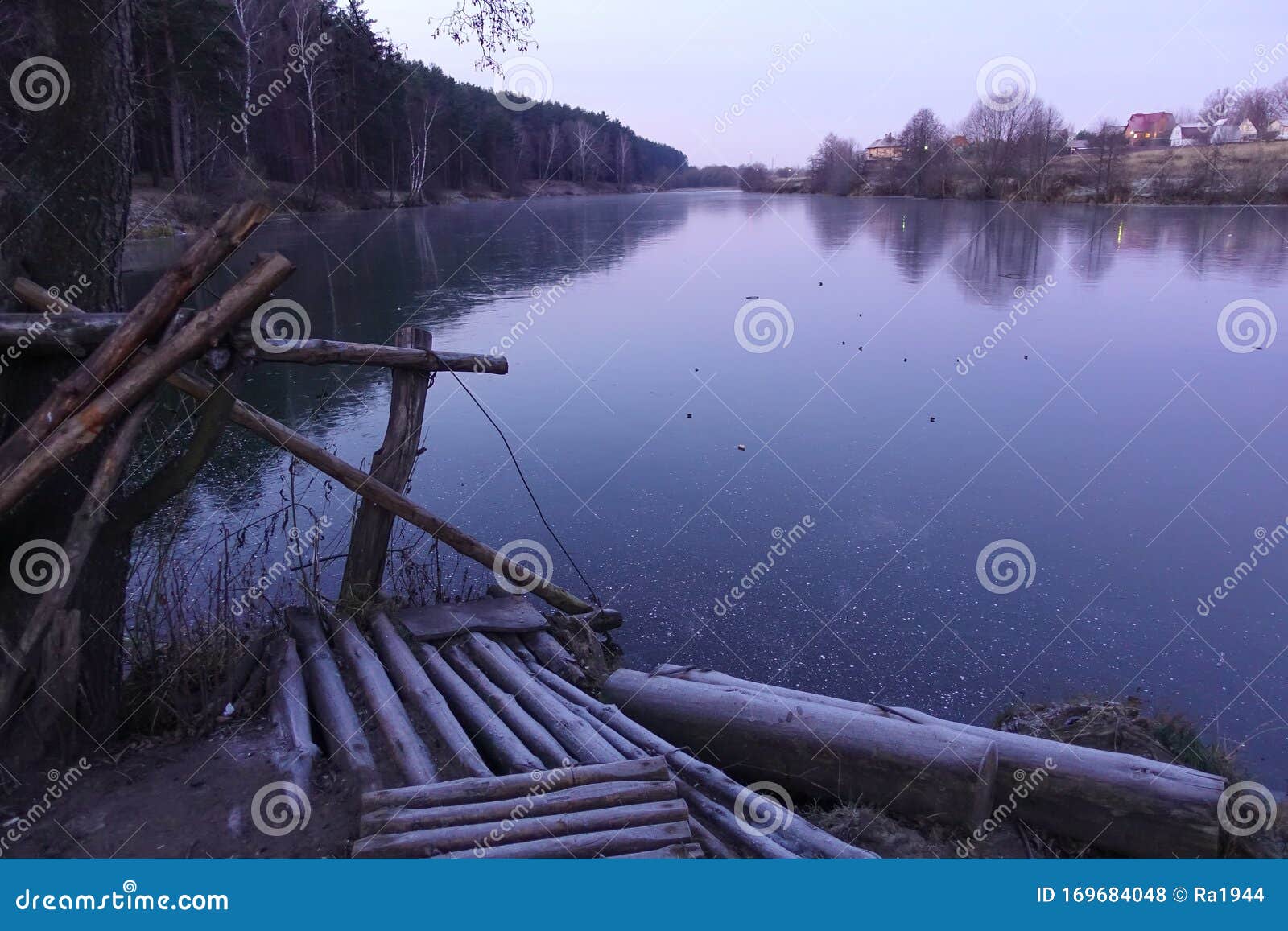 Forest Lake Covered by Ice at Night. View from the Shore Stock Photo ...