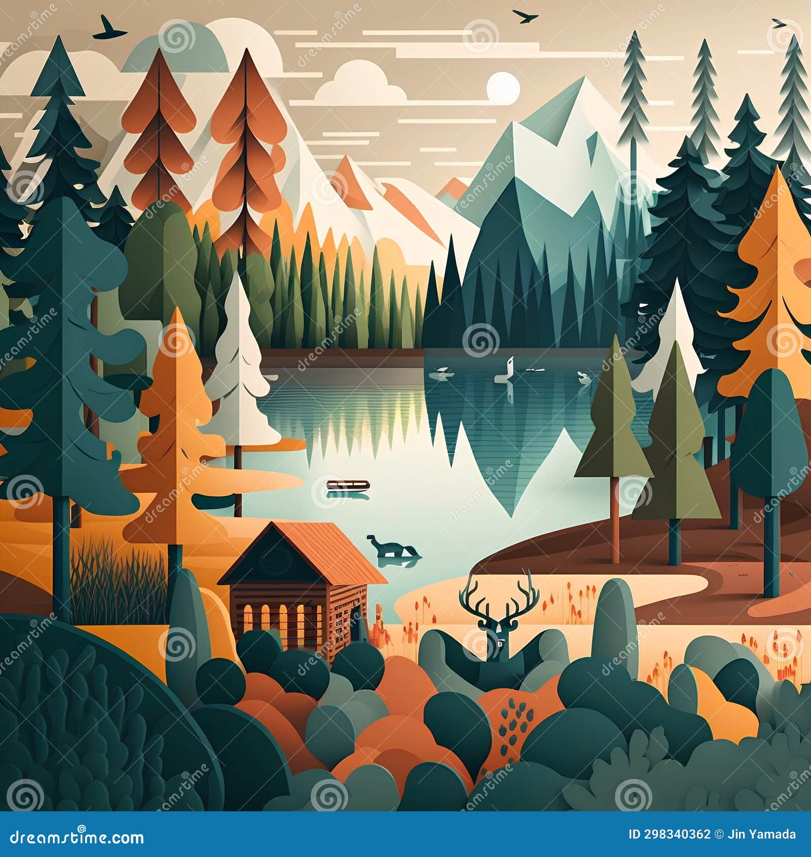 Forest Lake Landscape with Mountains, Trees and Lake. Vector ...