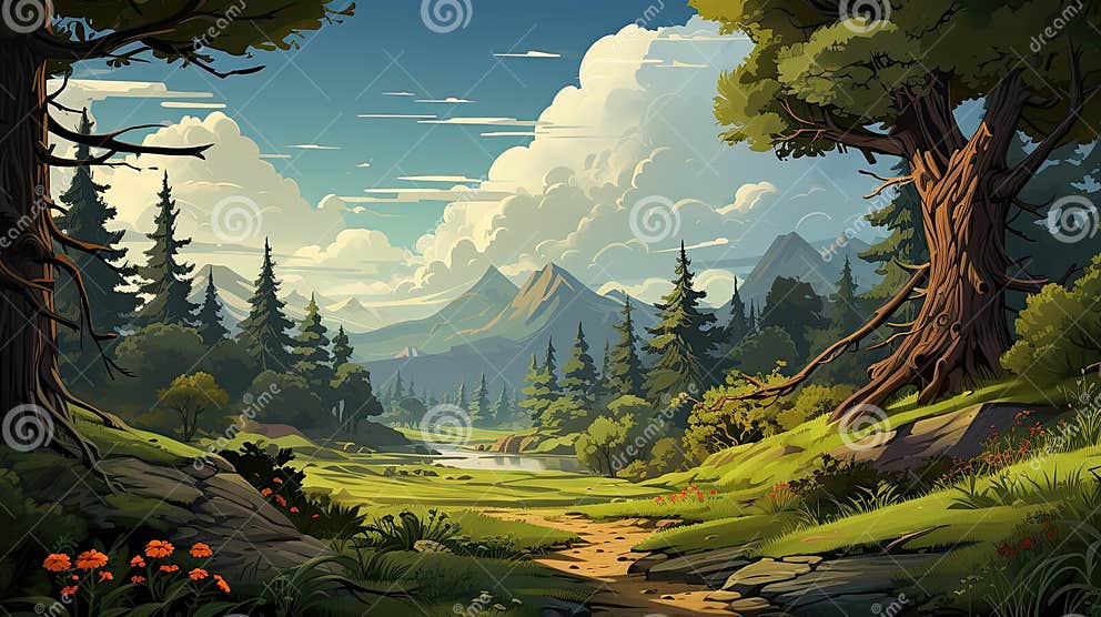 Forest Landscape Background with Complementing Tree and Plant ...