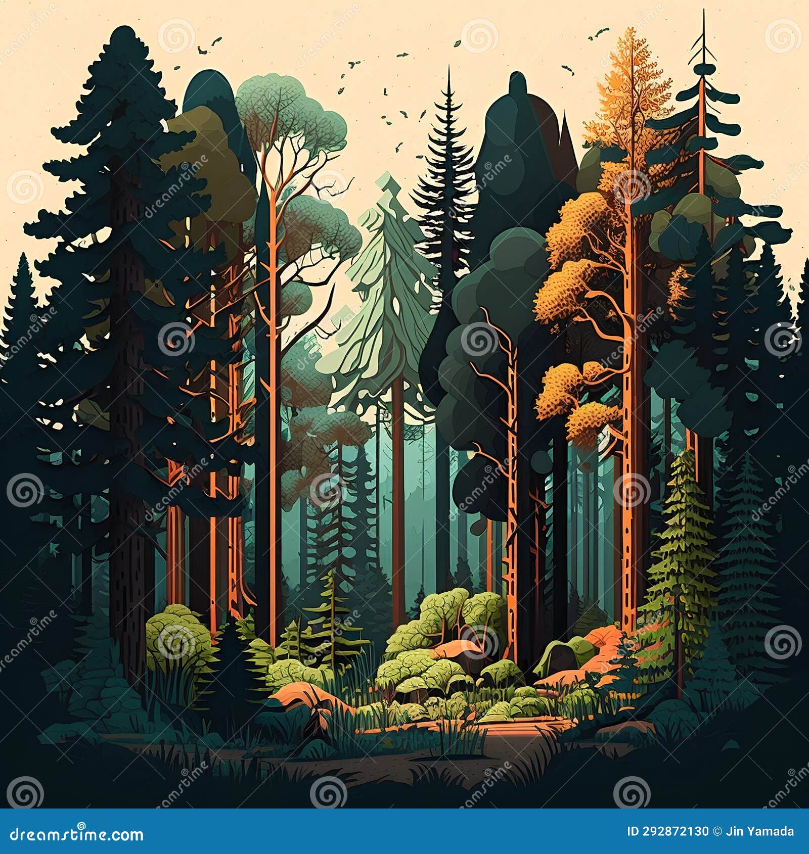 Forest Landscape with Coniferous Trees. Vector Illustration in Retro ...