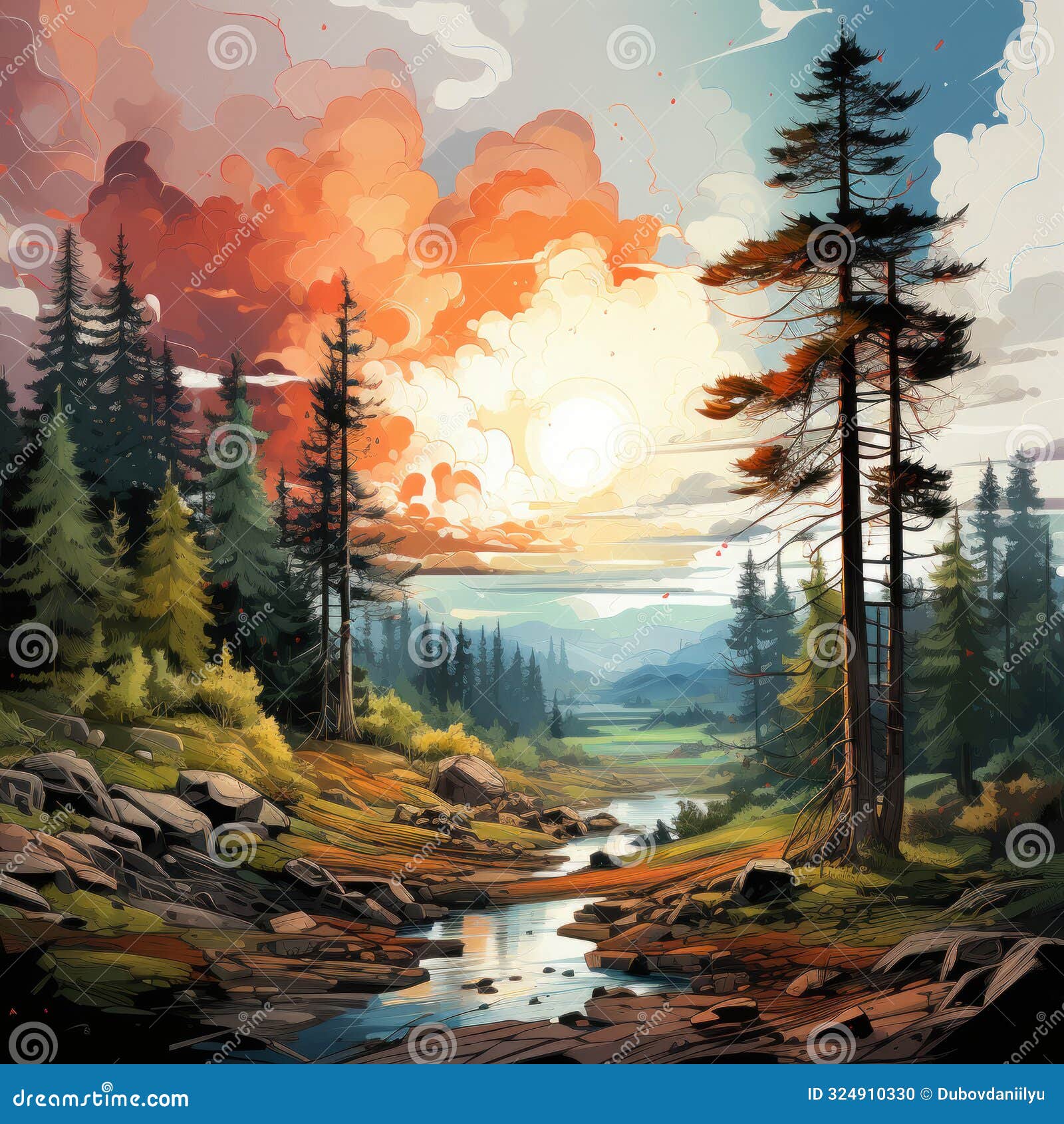 Forest Landscape Drawing, Watercolor Drawing, Paints Stock Illustration ...