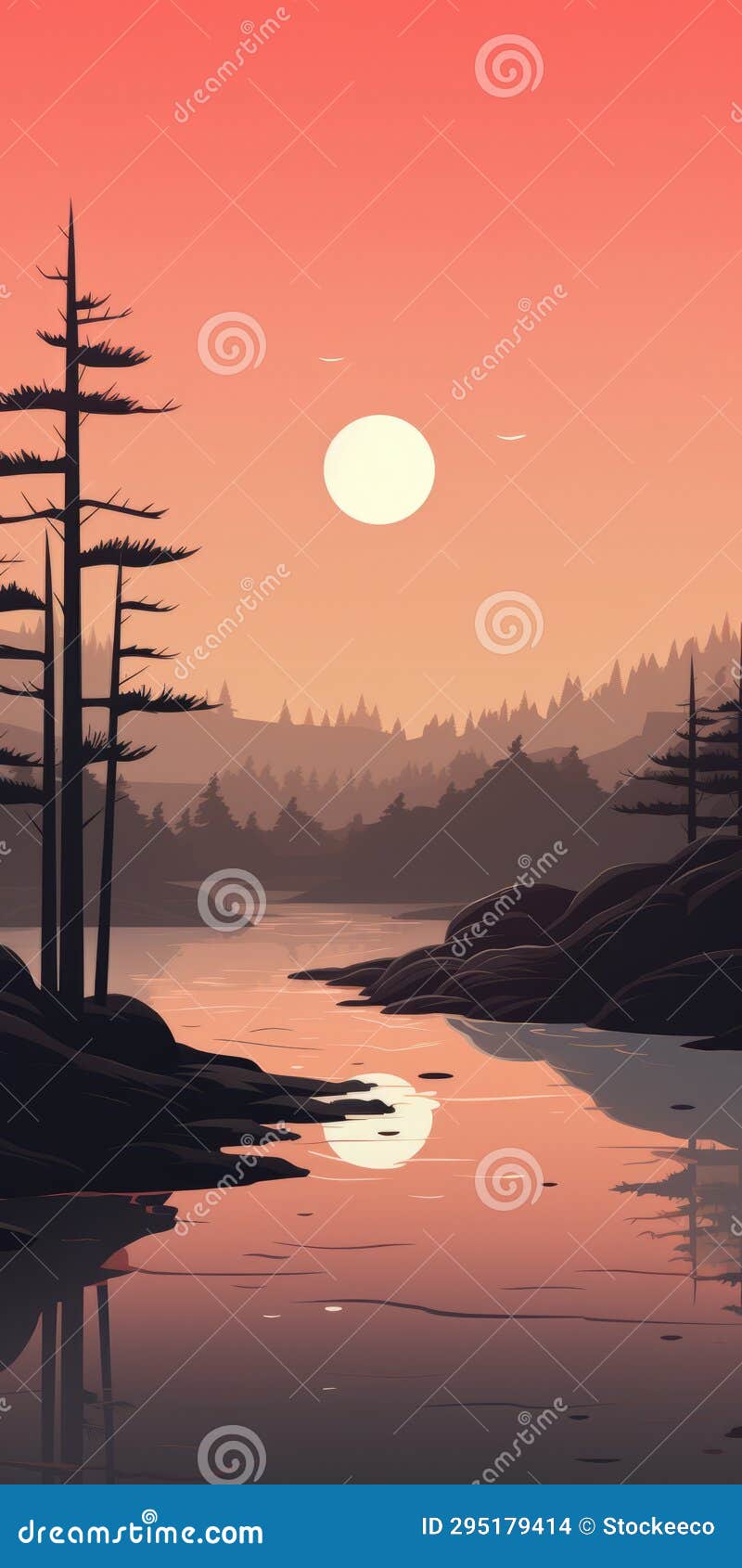 Tranquil Marsh: Minimalistic Mobile Wallpaper with Hot Springs and Trees Stock Illustration ...