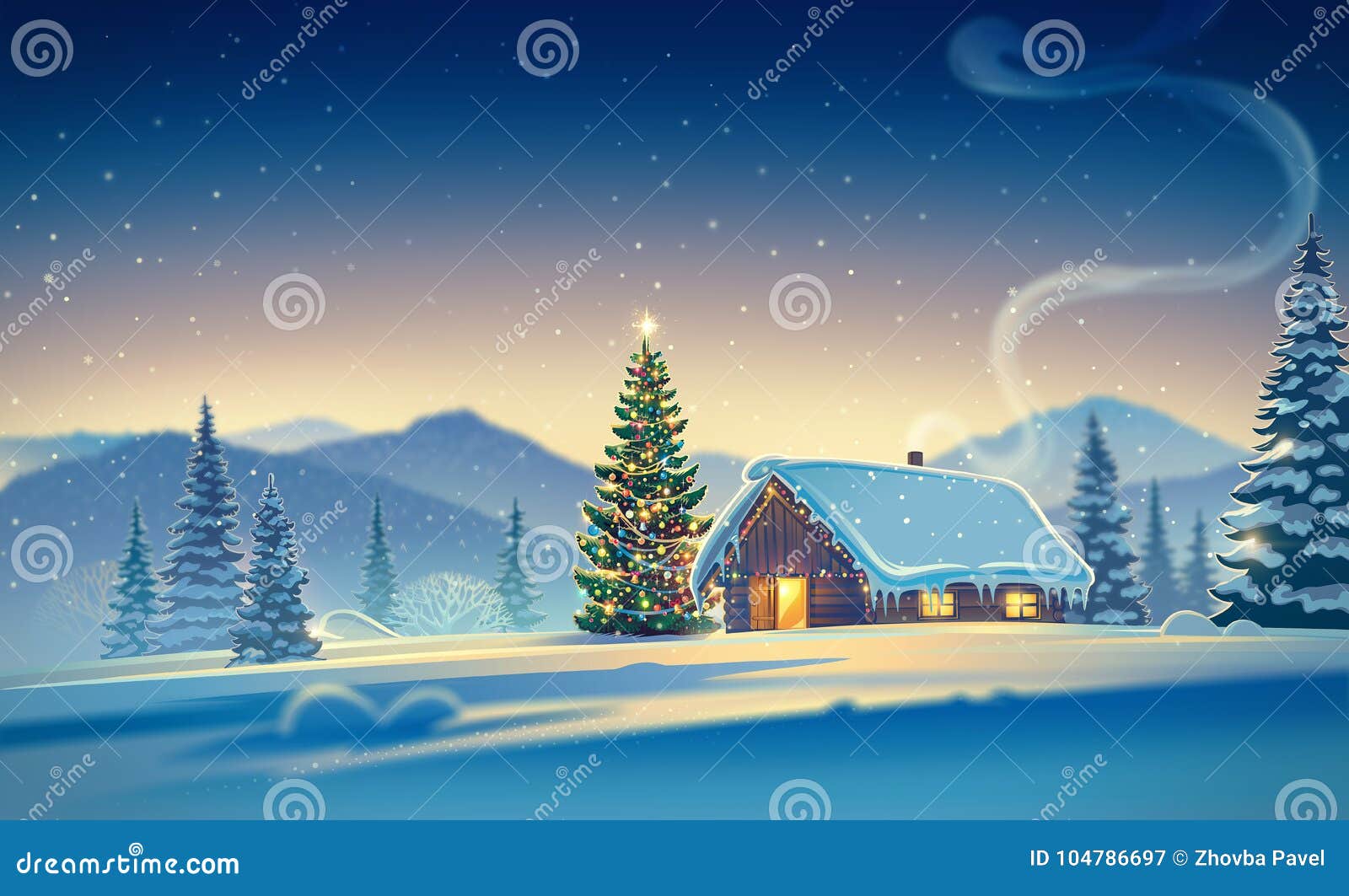 Forest Landscape with House and Christmas Trees Stock Illustration ... Forest Landscape with House and Christmas Trees Stock Illustration ...