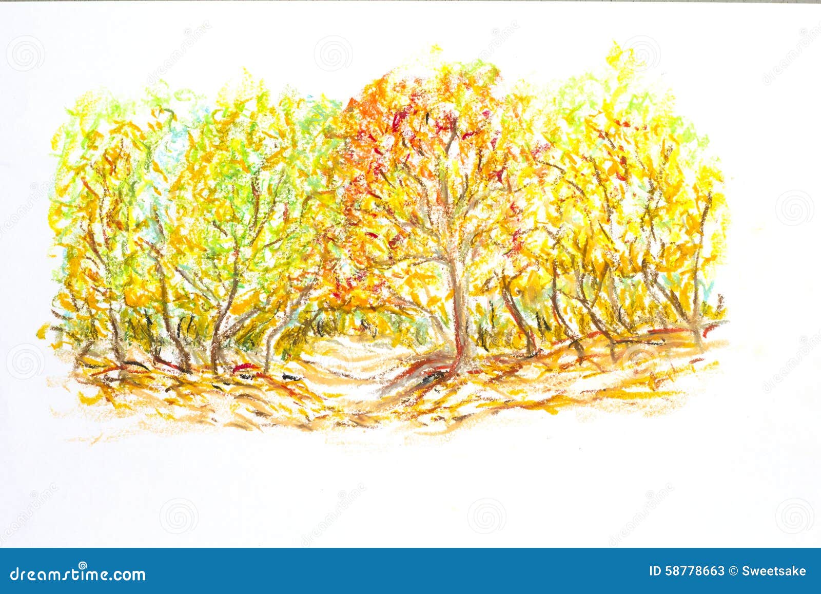 Forest Landscape Oil Pastel Painted Stock Illustration - Illustration ...