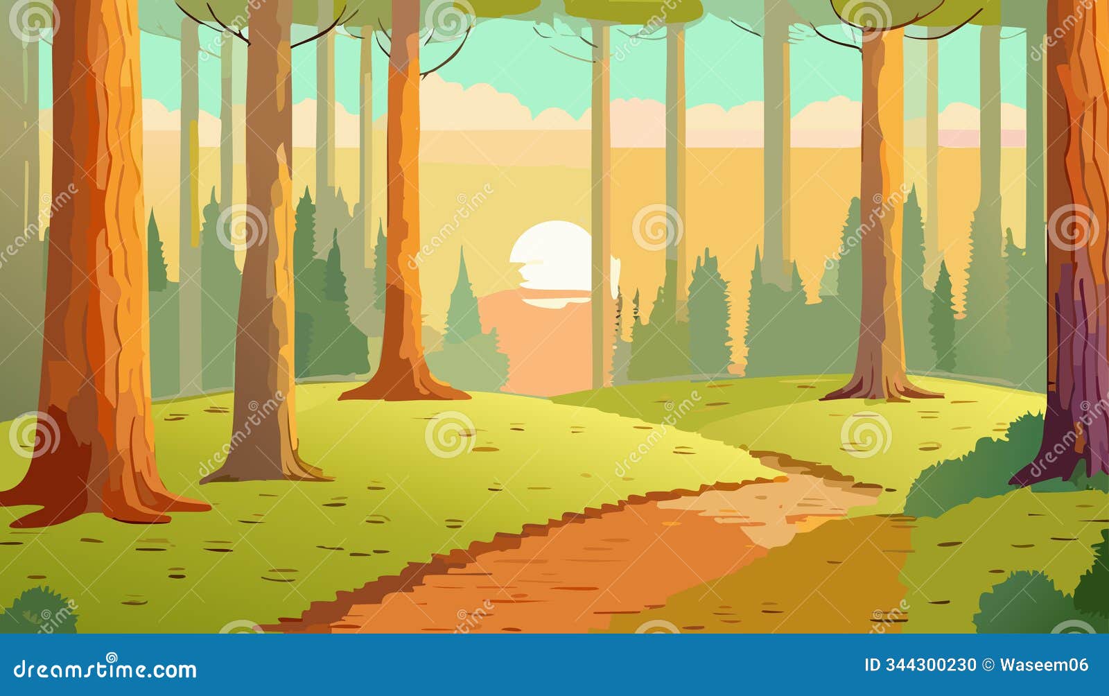 Forest Landscape with Road and Trees. Vector Illustration Stock ...