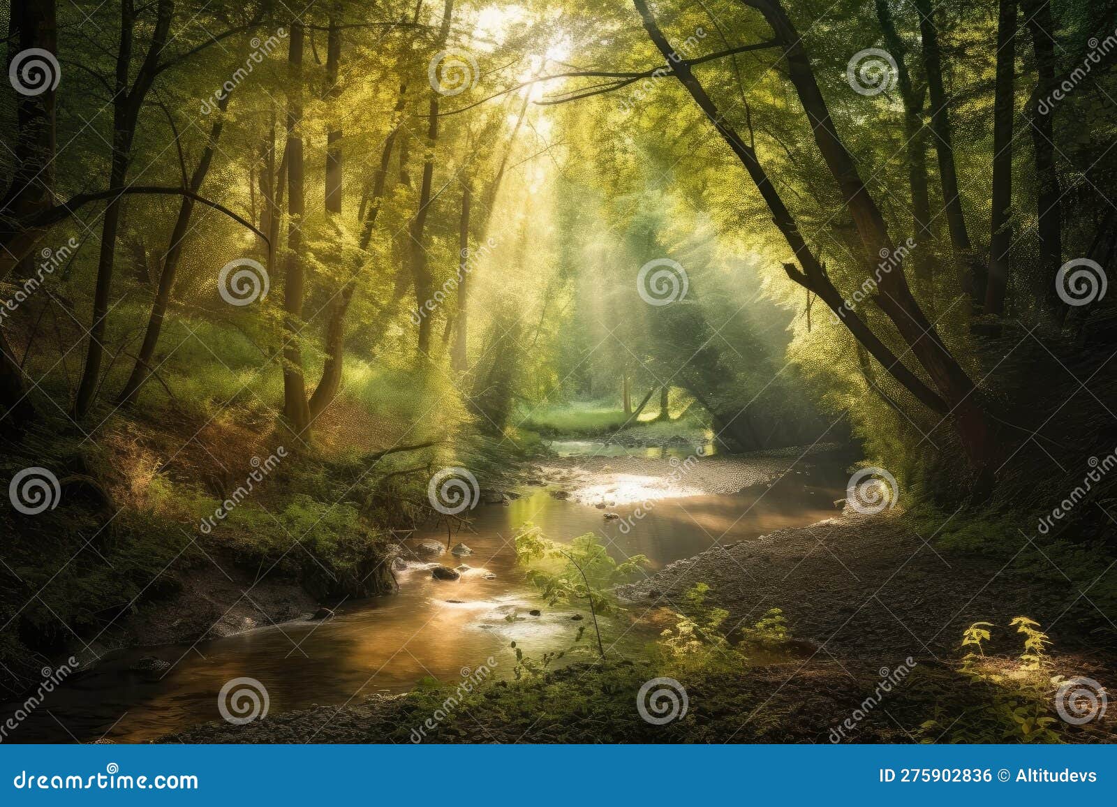 Forest Landscape with Stream, Sunlight Filtering through the Trees ...