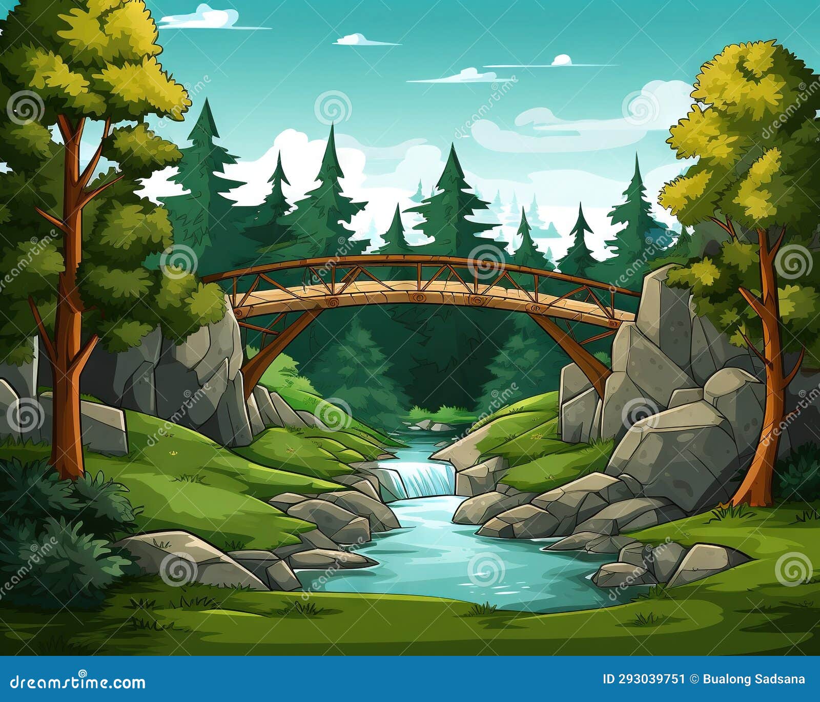 Forest Landscape with a Waterfall and a Bridge. Stock Illustration ...