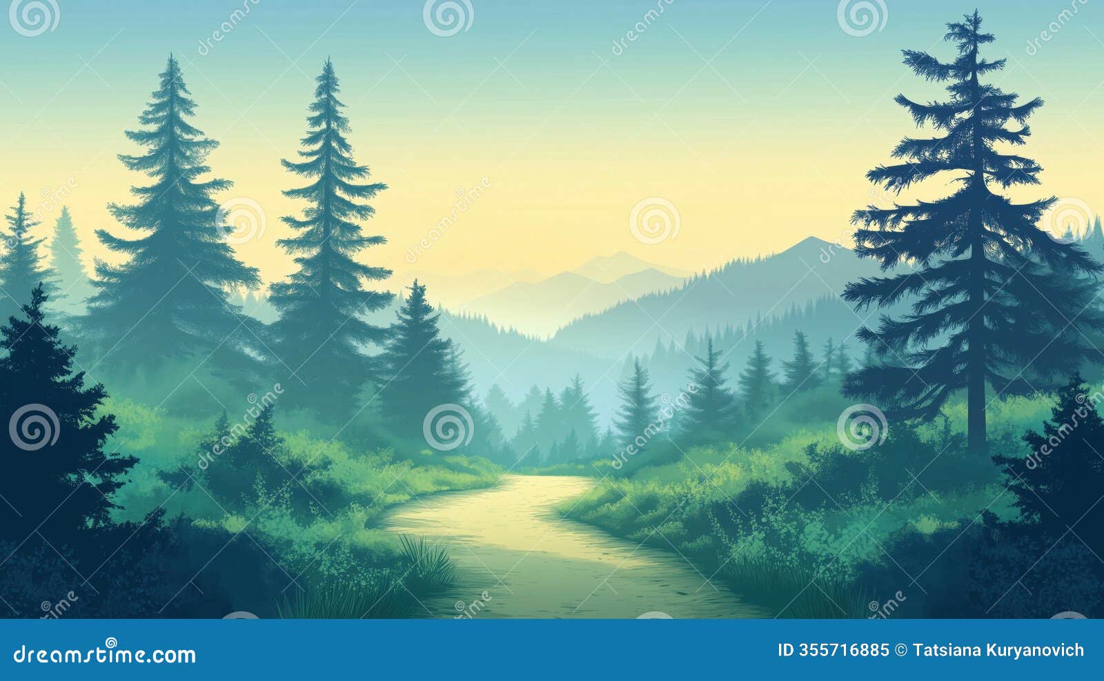 Forest Landscape with Winding Path, Tall Trees, Mountains in Background ...
