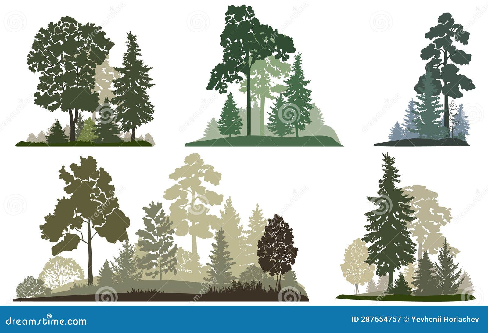 Forest Landscapes Set, Pine and Mixed Forest Scenes. Stock Illustration ...