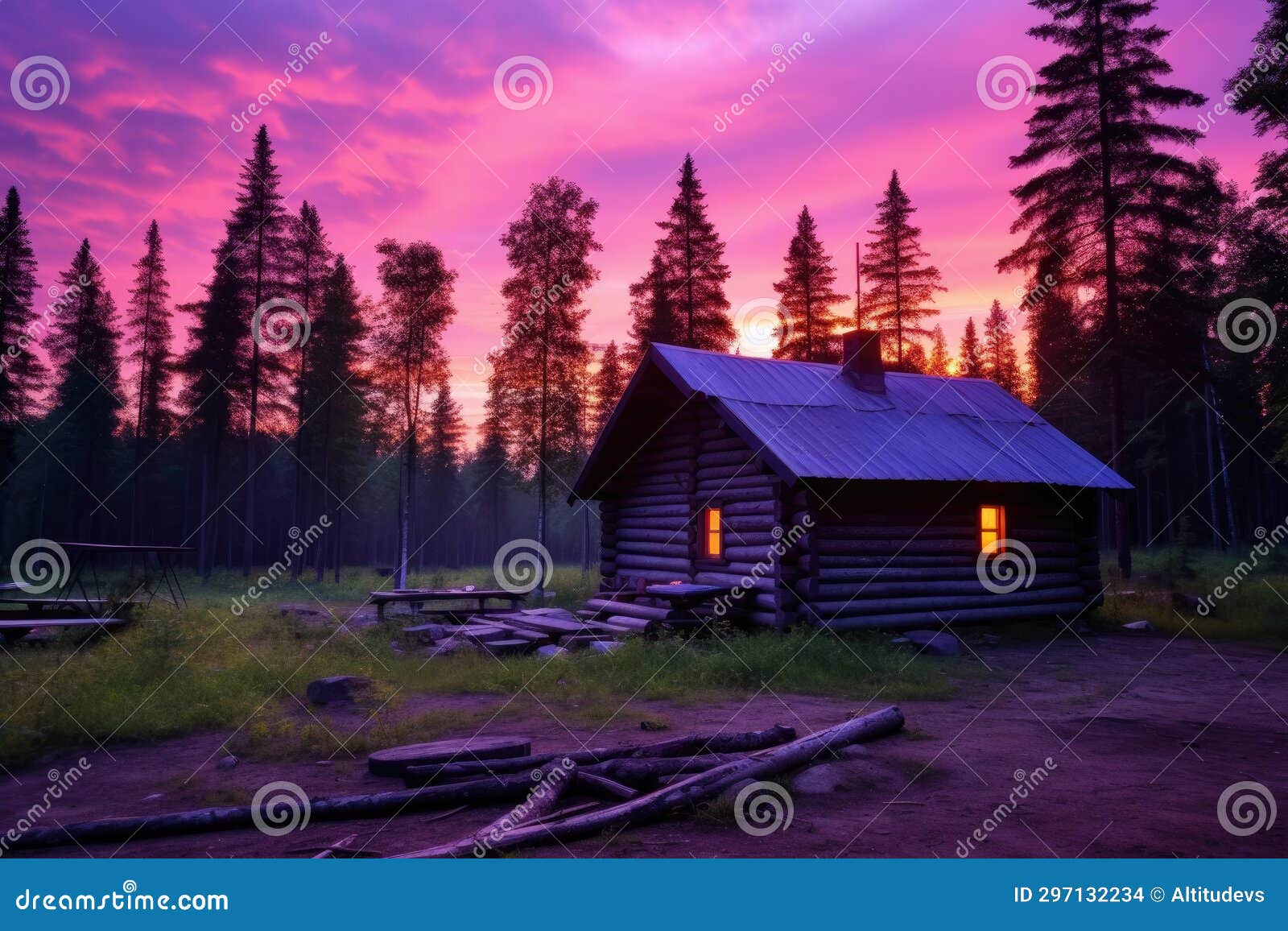 A Forest Log Cabin Illuminated Against a Purple Sunset Stock Photo ...