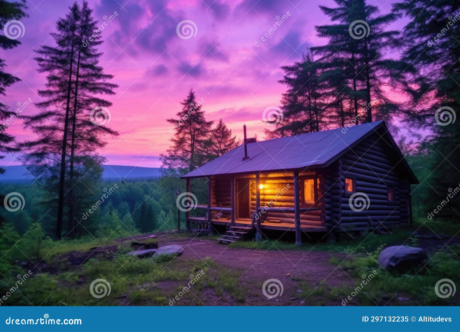 A Forest Log Cabin Illuminated Against a Purple Sunset Stock Image ...